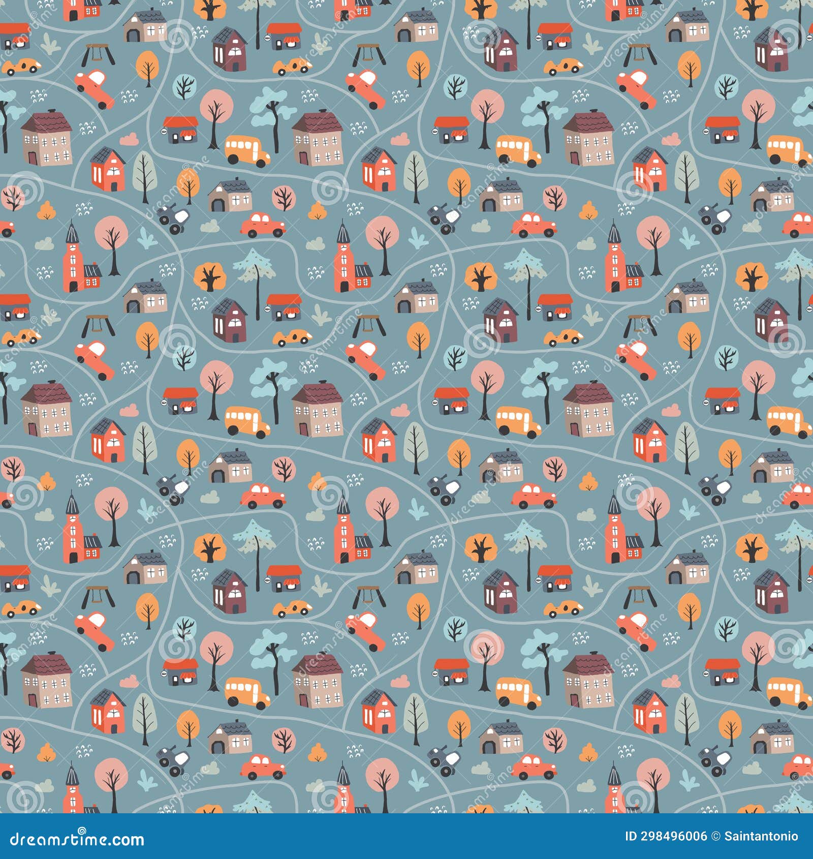 Cute City Map Seamless Pattern, Cartoon Town Landscape Background ...