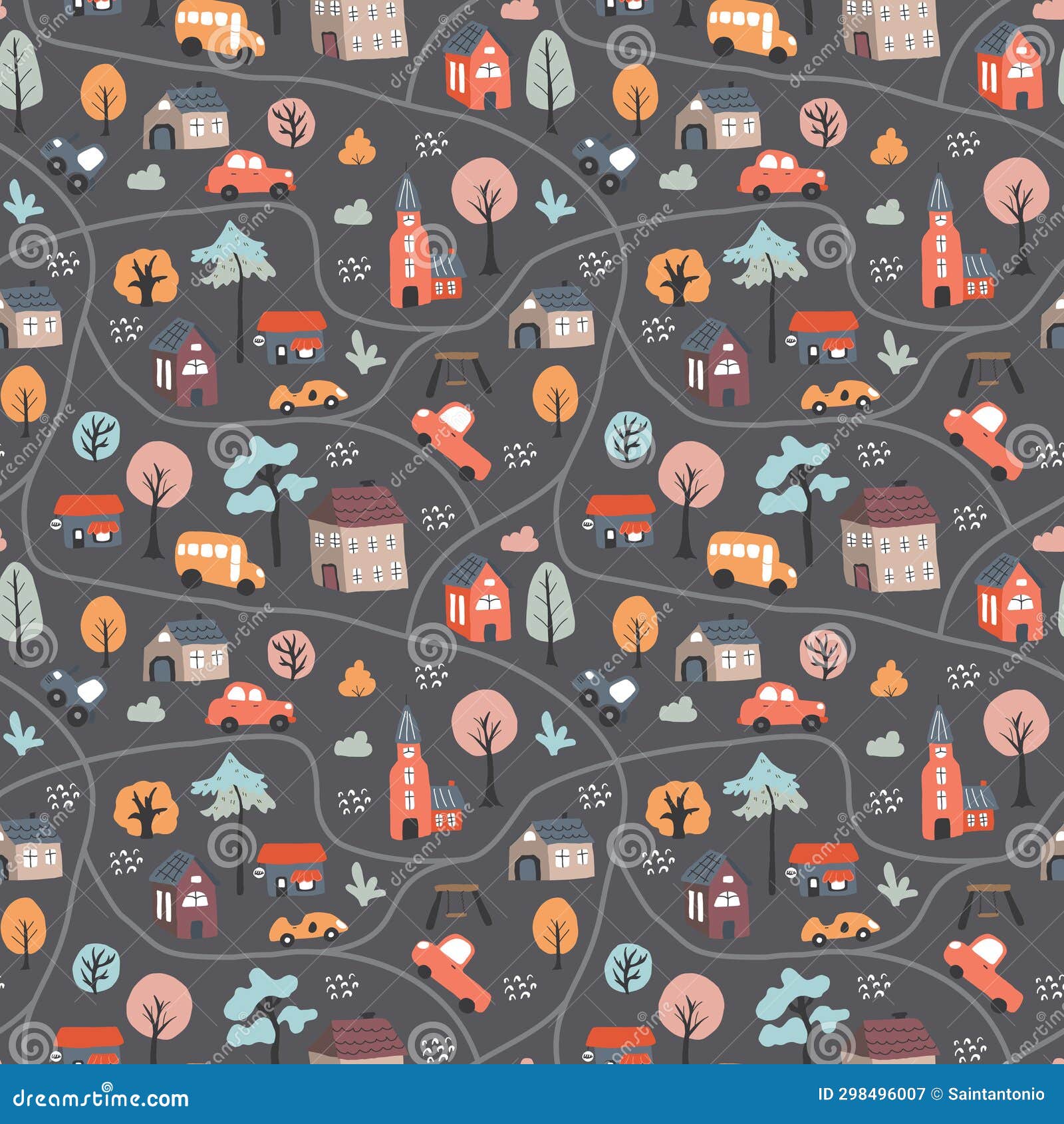Cute City Map Seamless Pattern, Cartoon Town Landscape Background ...