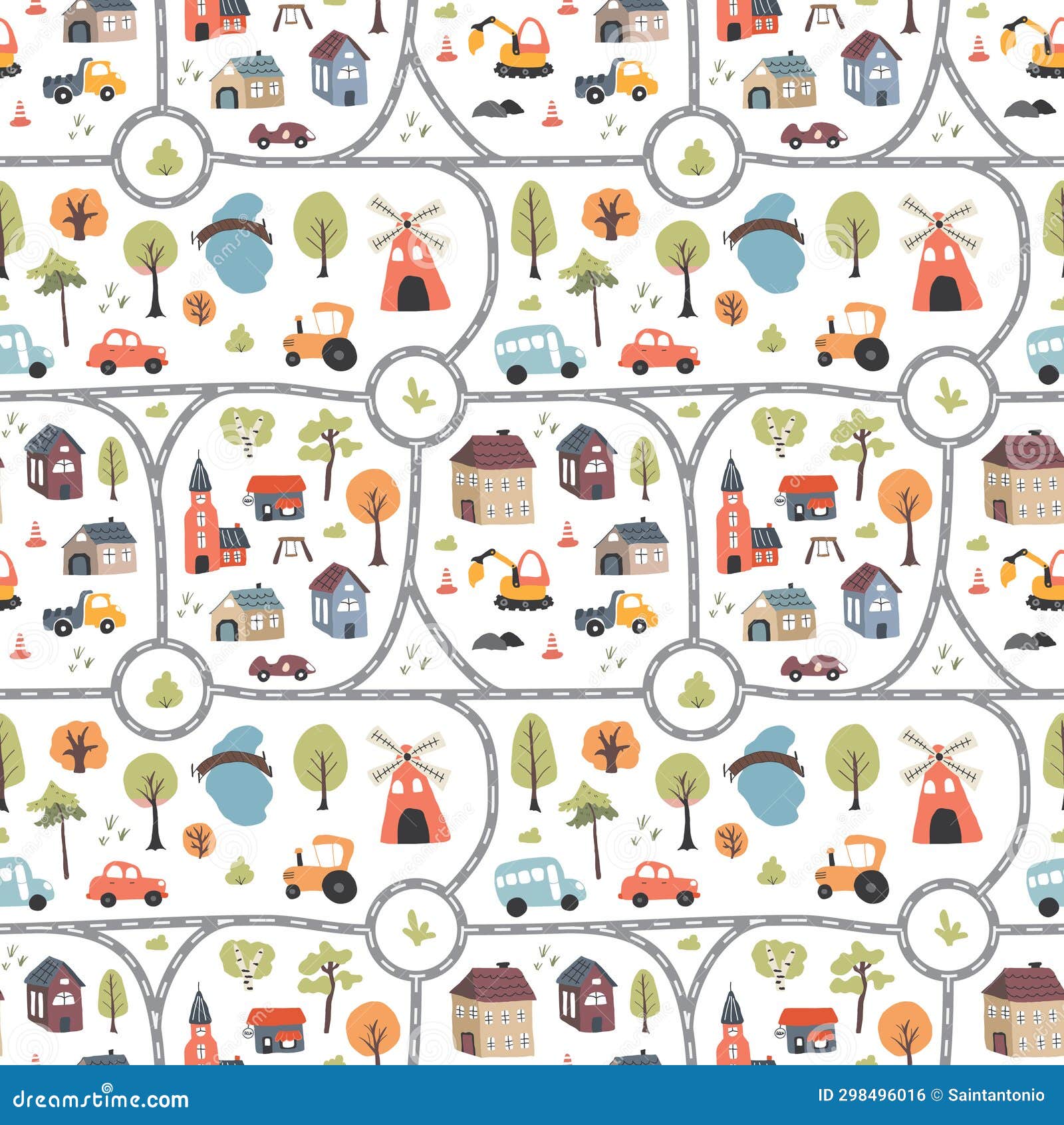 Cute City Map Seamless Pattern, Cartoon Town Landscape Background ...