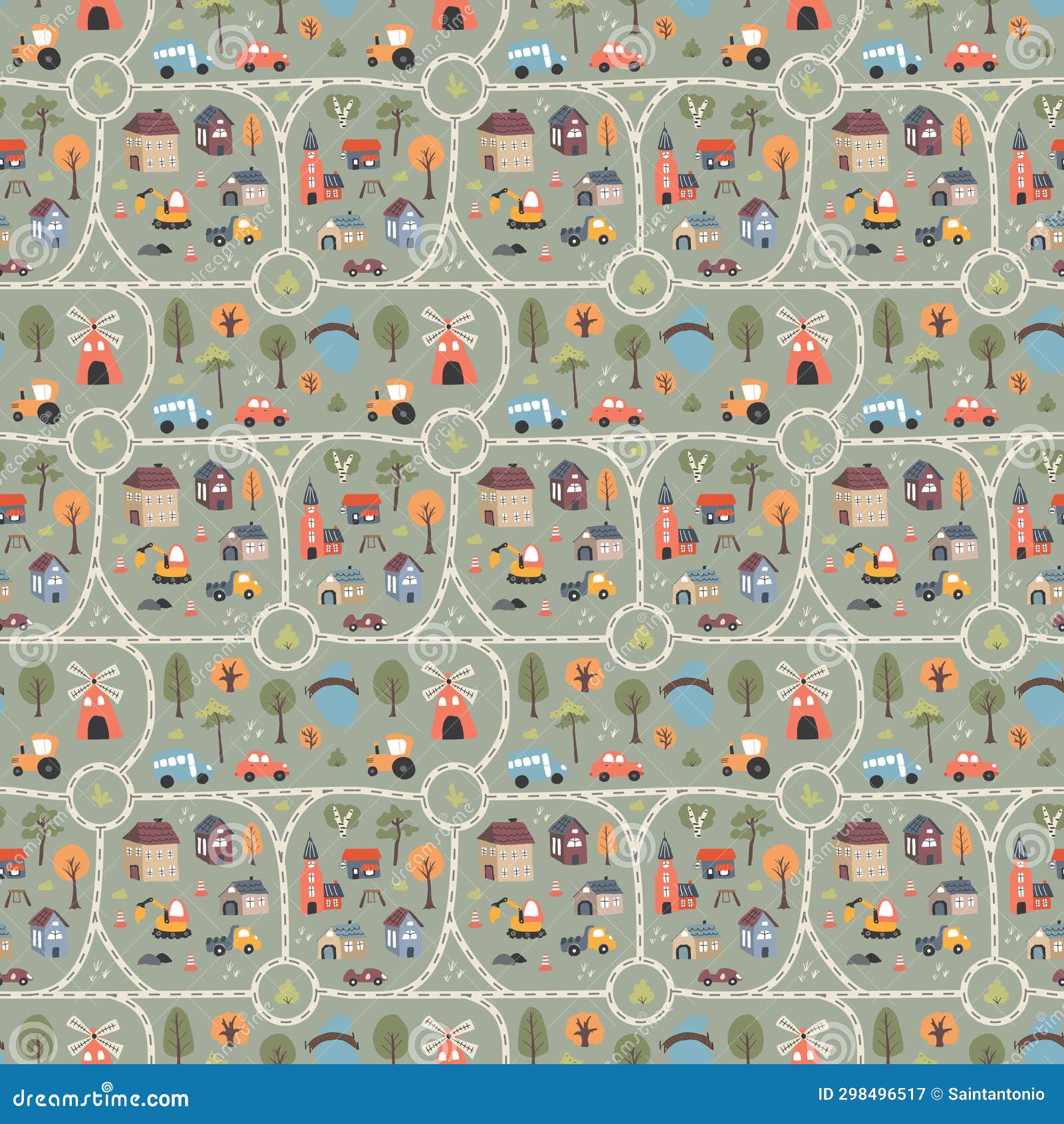Cute City Map Seamless Pattern, Cartoon Town Landscape Background ...
