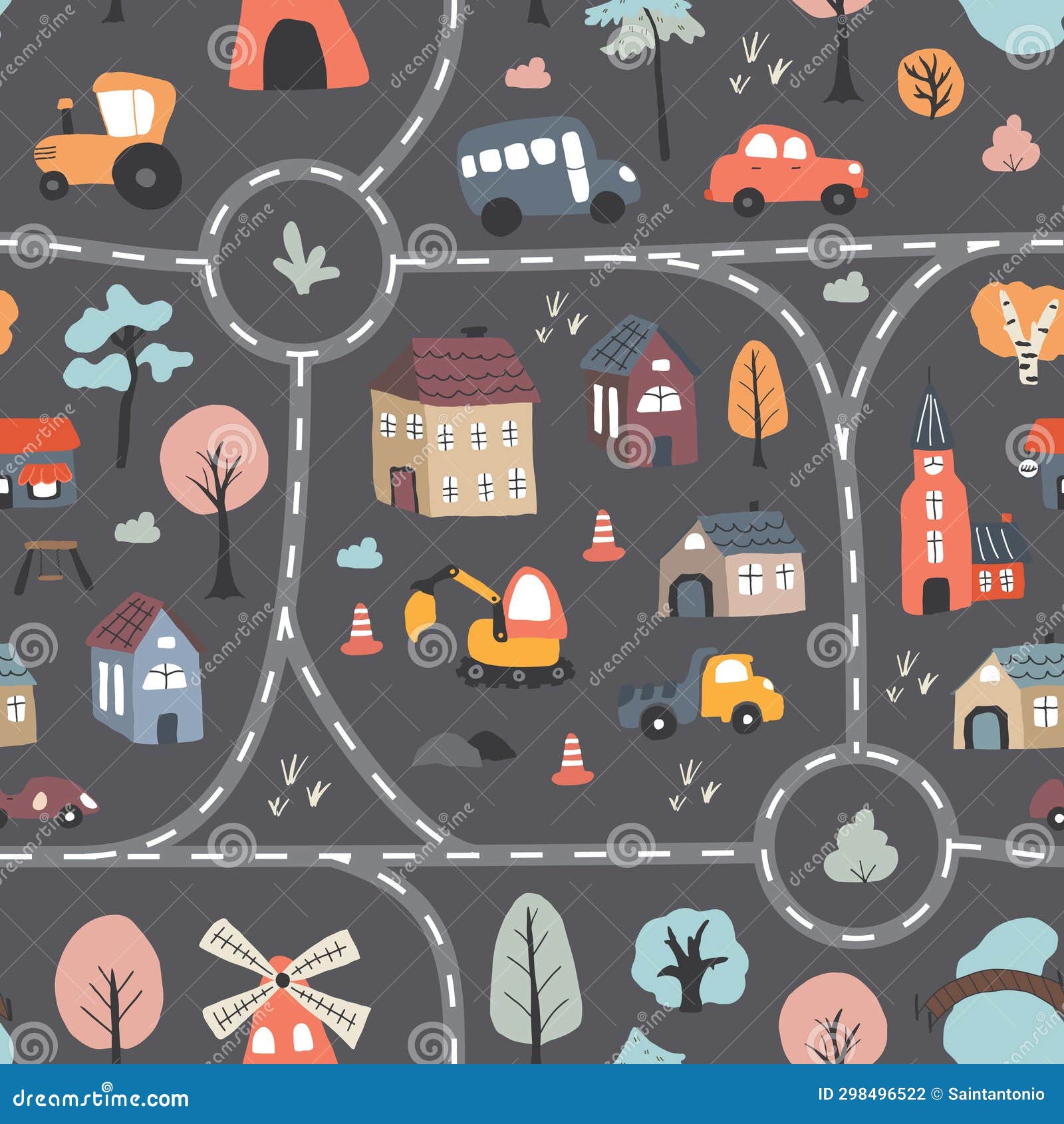 Cute City Map Seamless Pattern, Cartoon Town Landscape Background ...