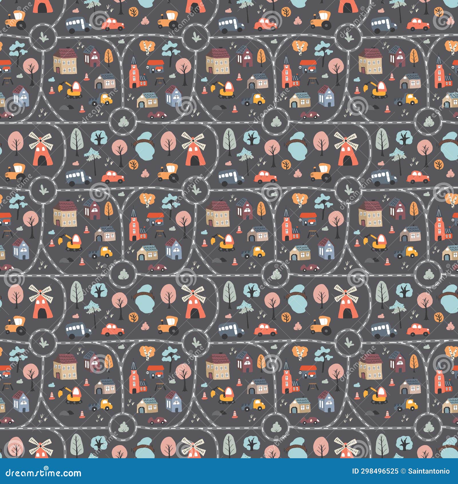 Cute City Map Seamless Pattern, Cartoon Town Landscape Background ...