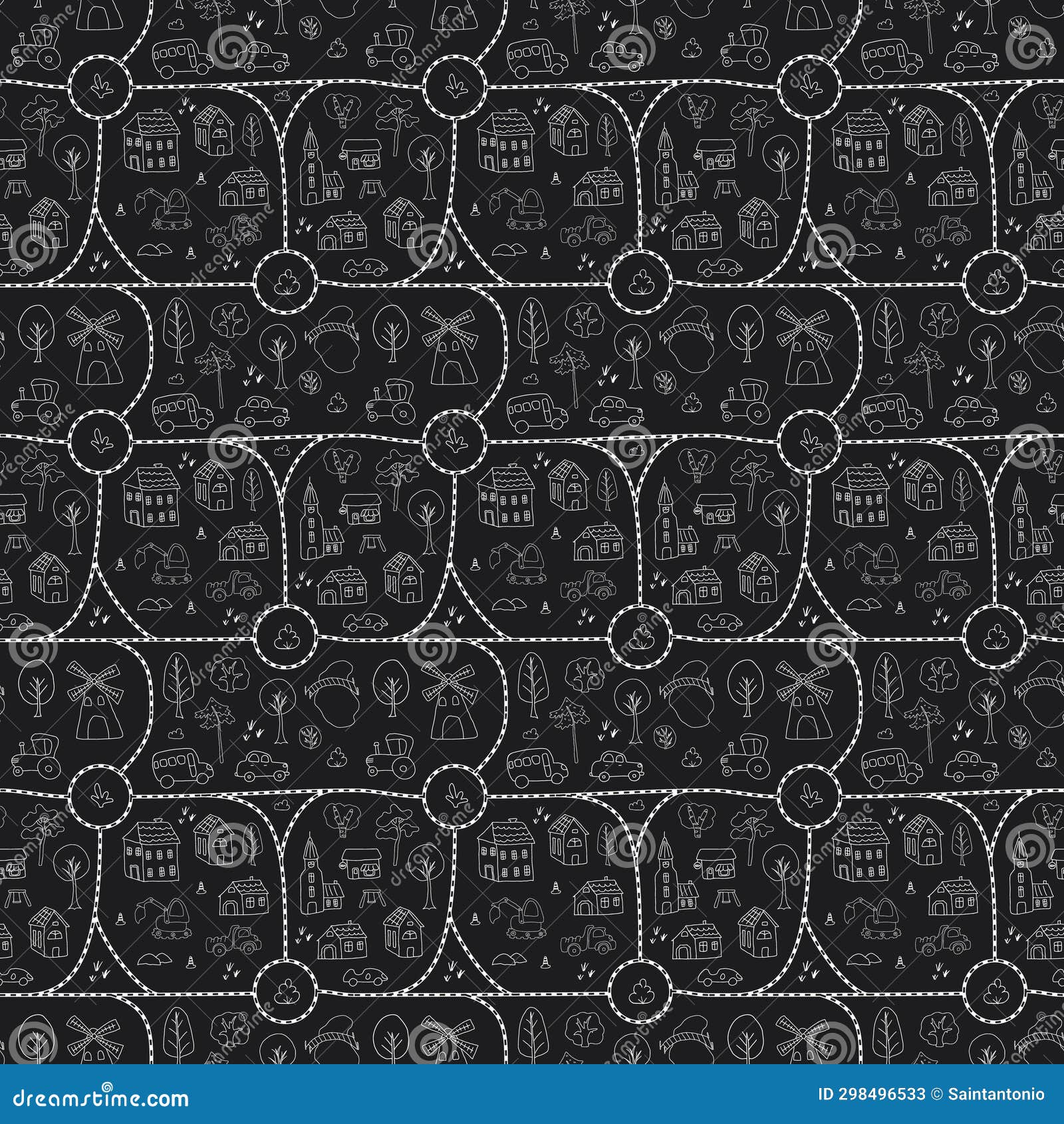 Cute City Map Seamless Pattern, Cartoon Town Landscape Background ...