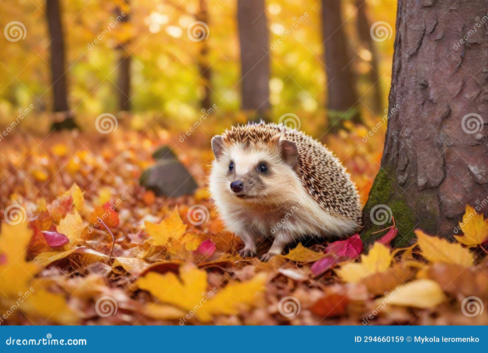 Cute Close-up Hedgehog among Fall Leaves on Blurred Background Stock ...