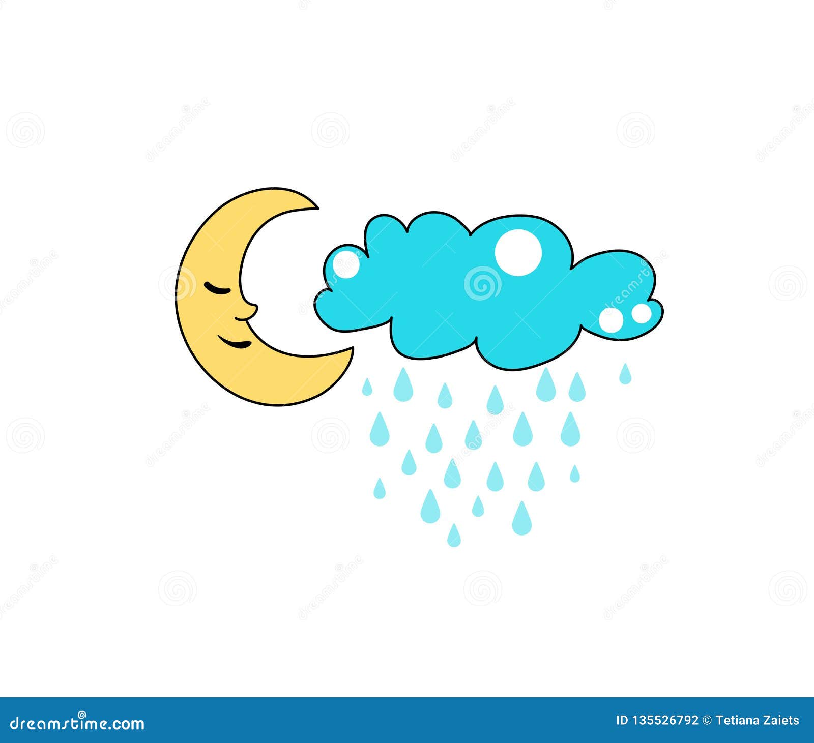 Cute Cloud and Moon Vector. Character Design. Rain Drops Stock Vector ...