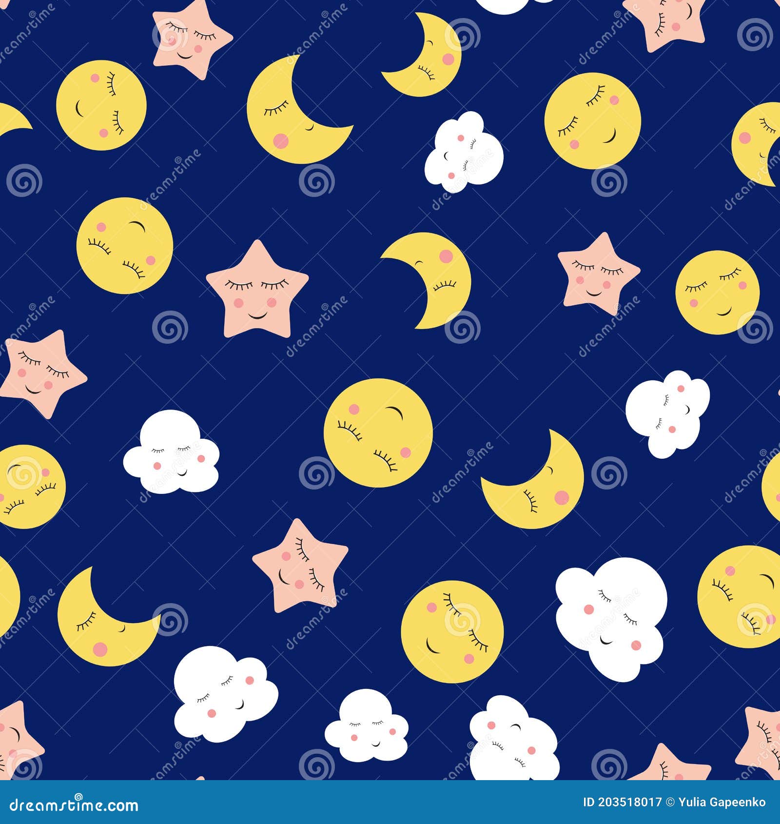 Cute Cloud, Star and Moon Seamless Pattern Background Vector ...