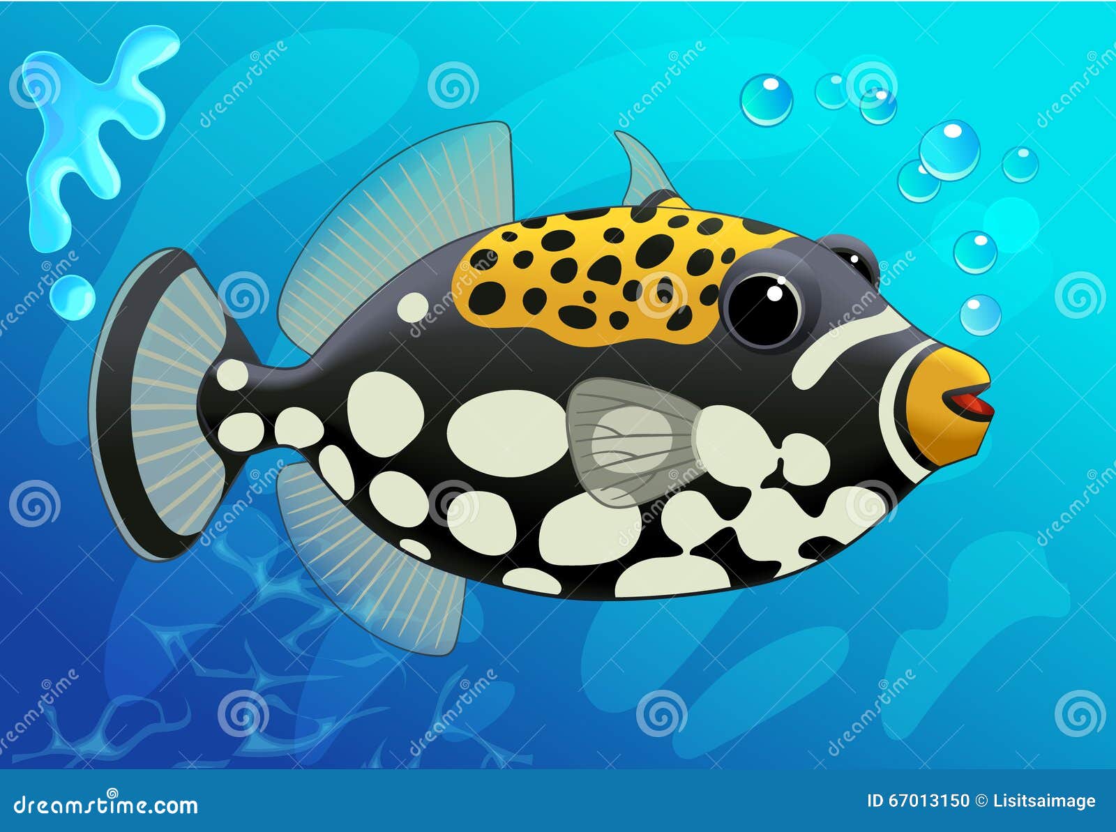 Cute Clown Trigger Fish In Cartoon Style On A Blue. Underwater ...