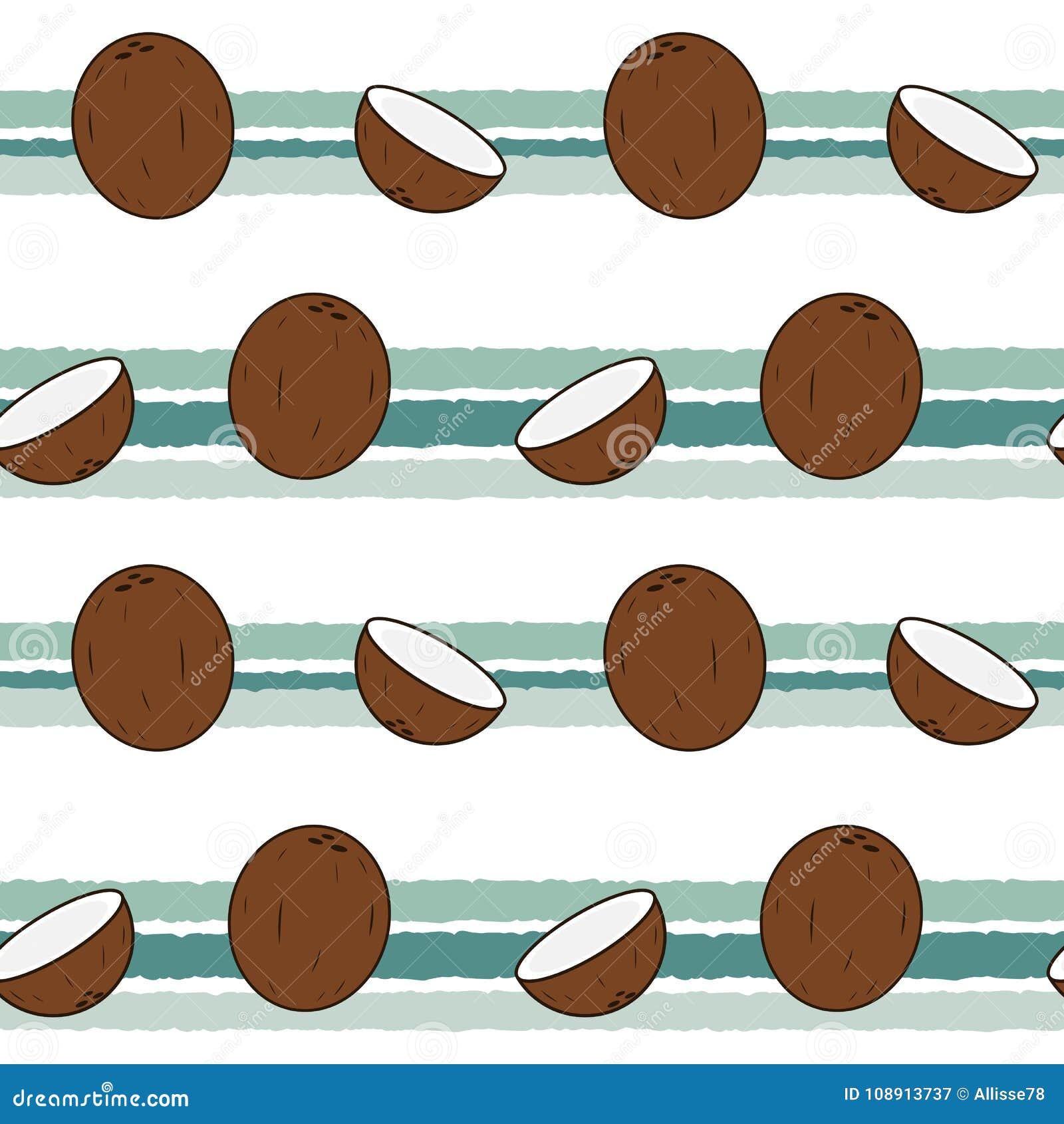 Cute Coconut Seamless Vector Pattern Illustration on Blue Stripes ...