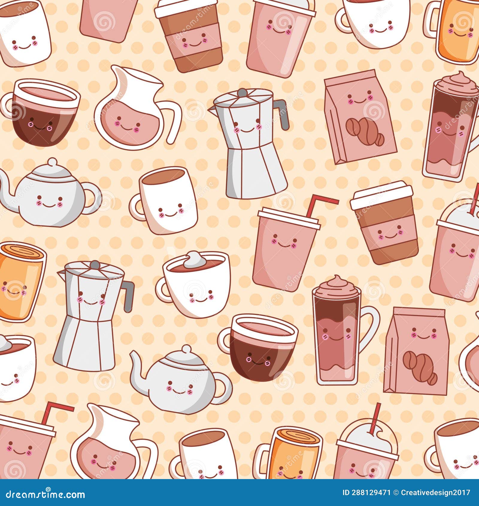 Cute Coffee Kawaii Patterns Background Stock Illustration ...