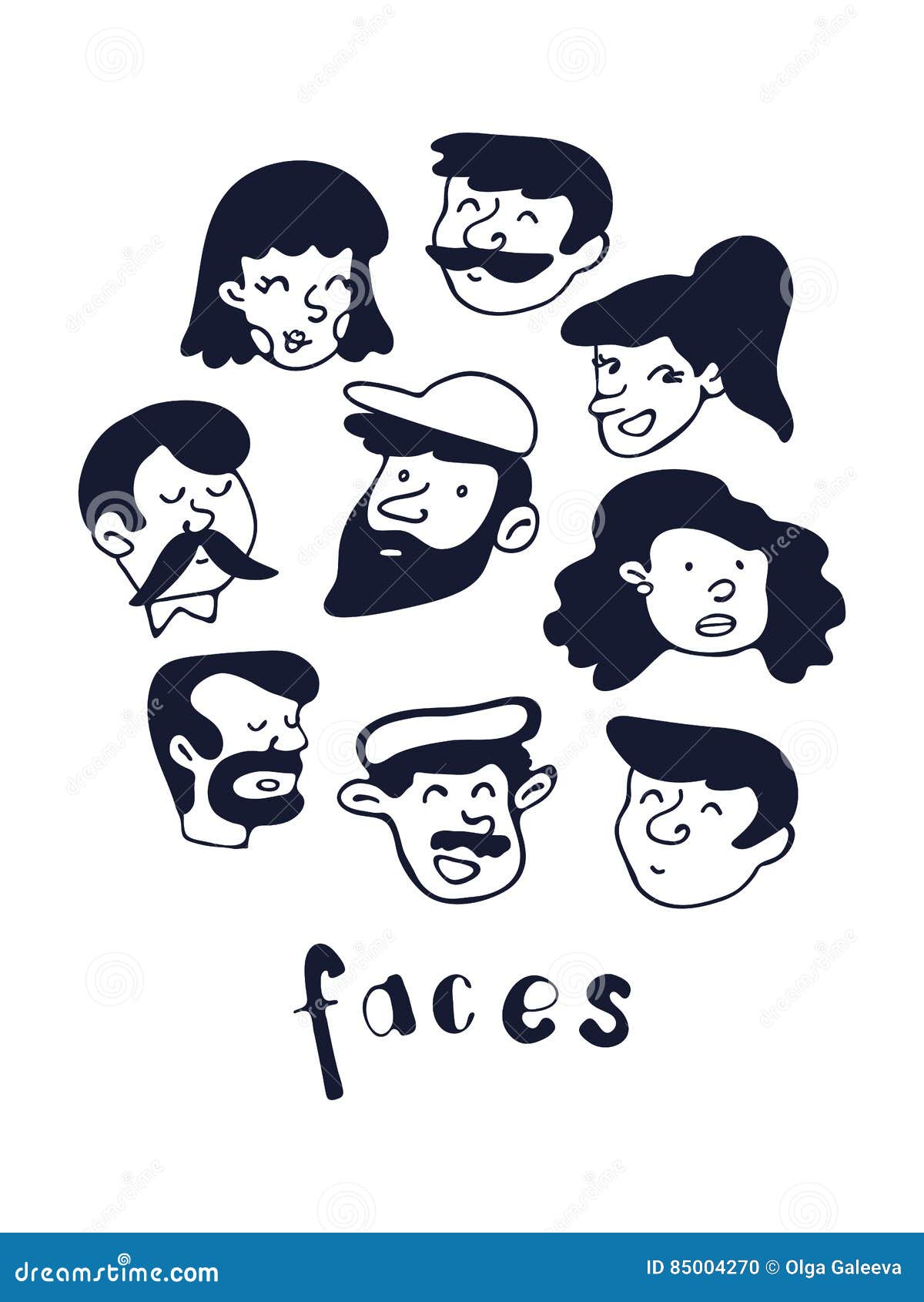 Cute Collection of Hand Drawn Faces. Stock Vector - Illustration of ...