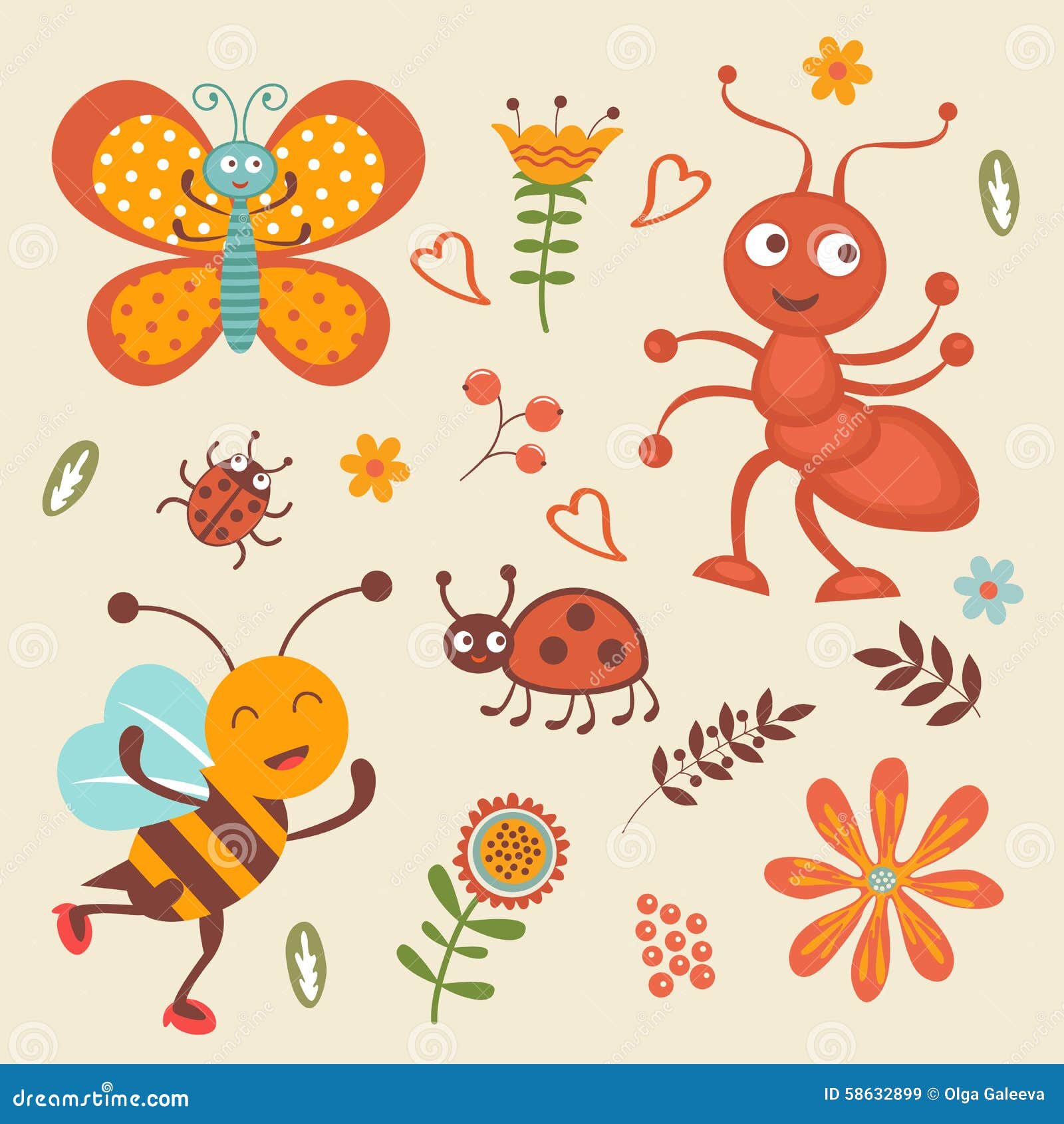 Cute Collection of Happy Little Bugs Stock Vector - Illustration of ...