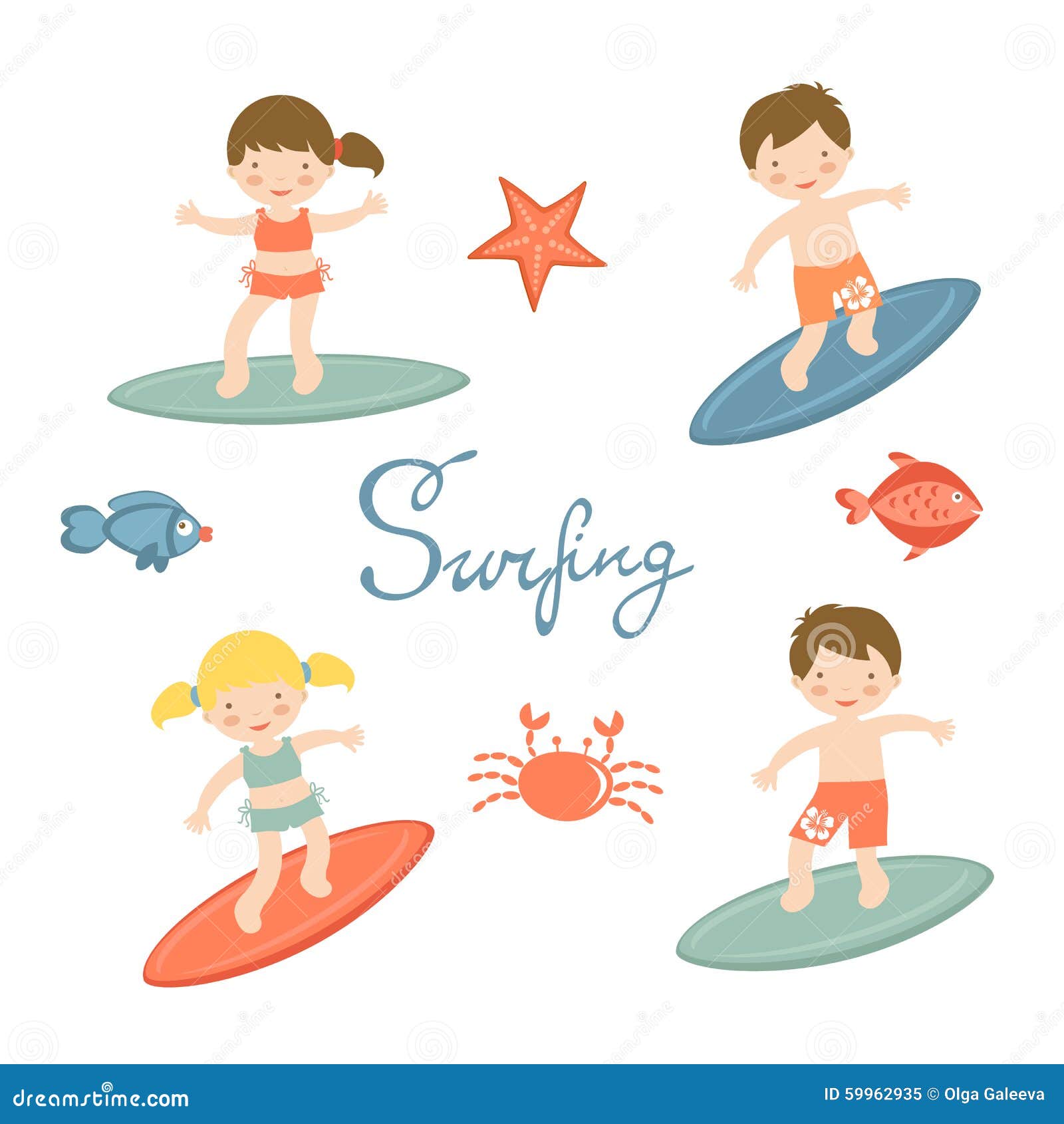 Cute Collection of Surfing Kids Stock Vector - Illustration of ...