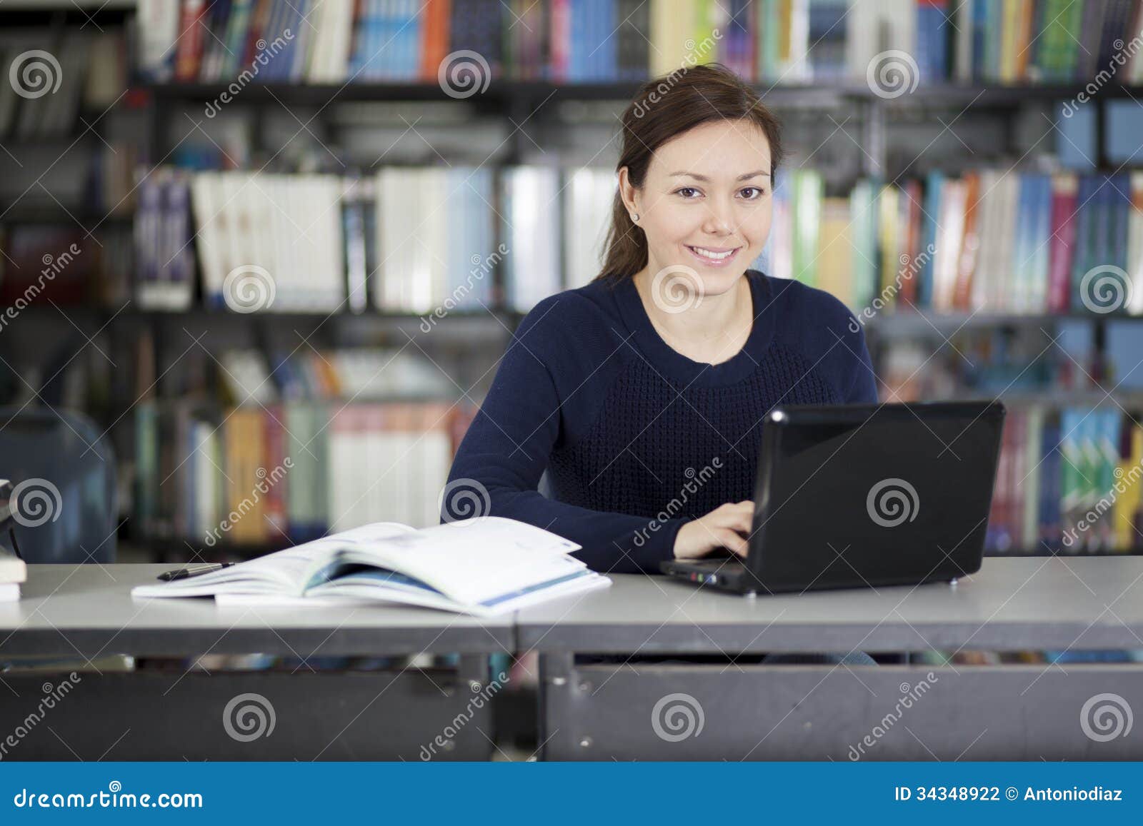 Cute College Girl at the Library Stock Photo - Image of technology ...