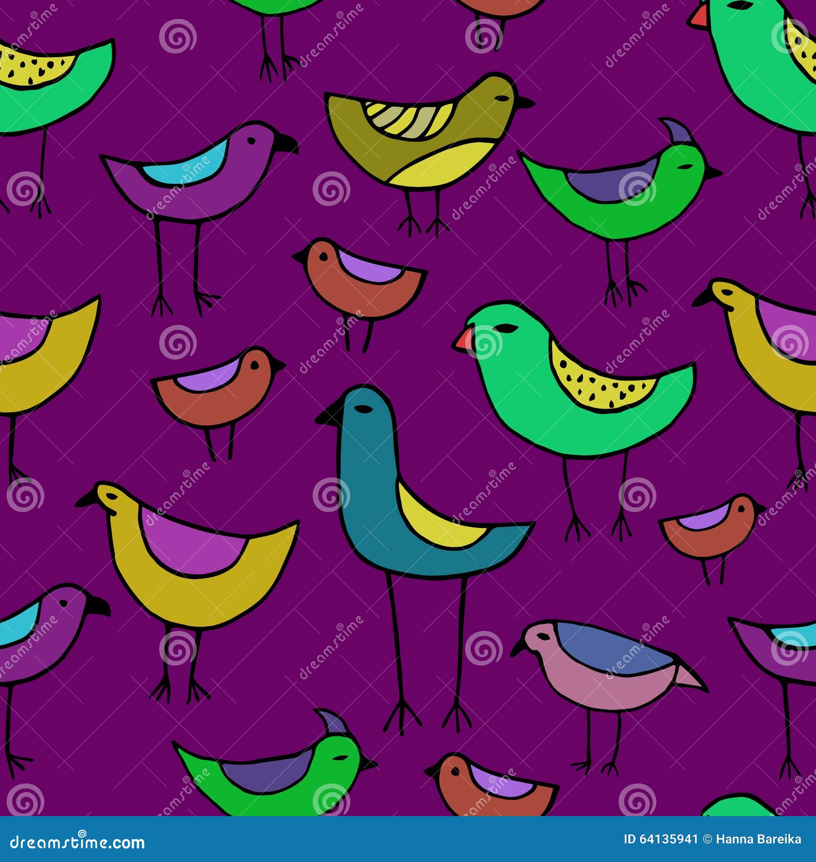 Cute Colorful Birds Set. Vector Seamless Pattern. Stock Vector ...