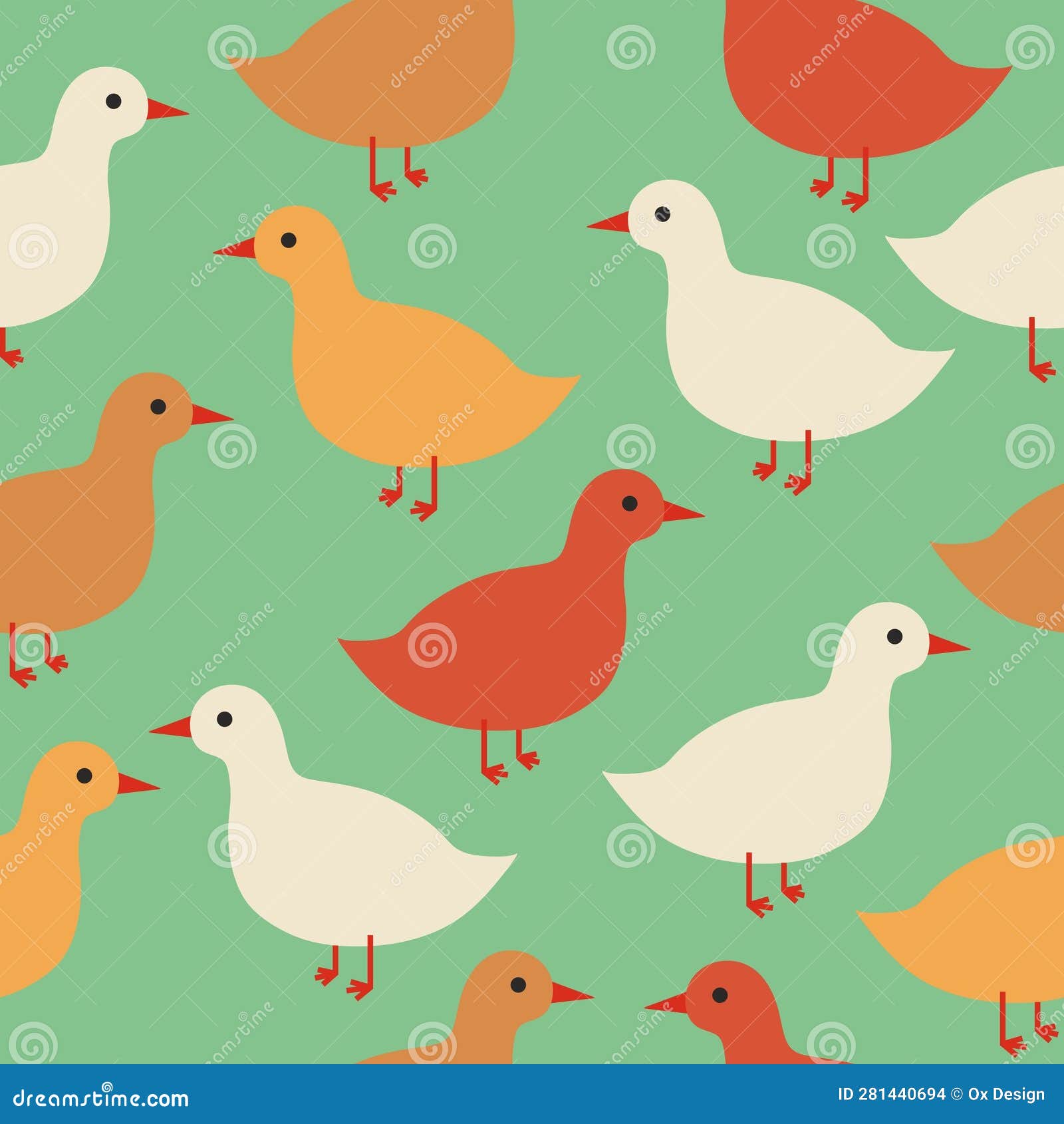 Cute Colorful Ducks on Green Background Seamless Vector Pattern Stock ...