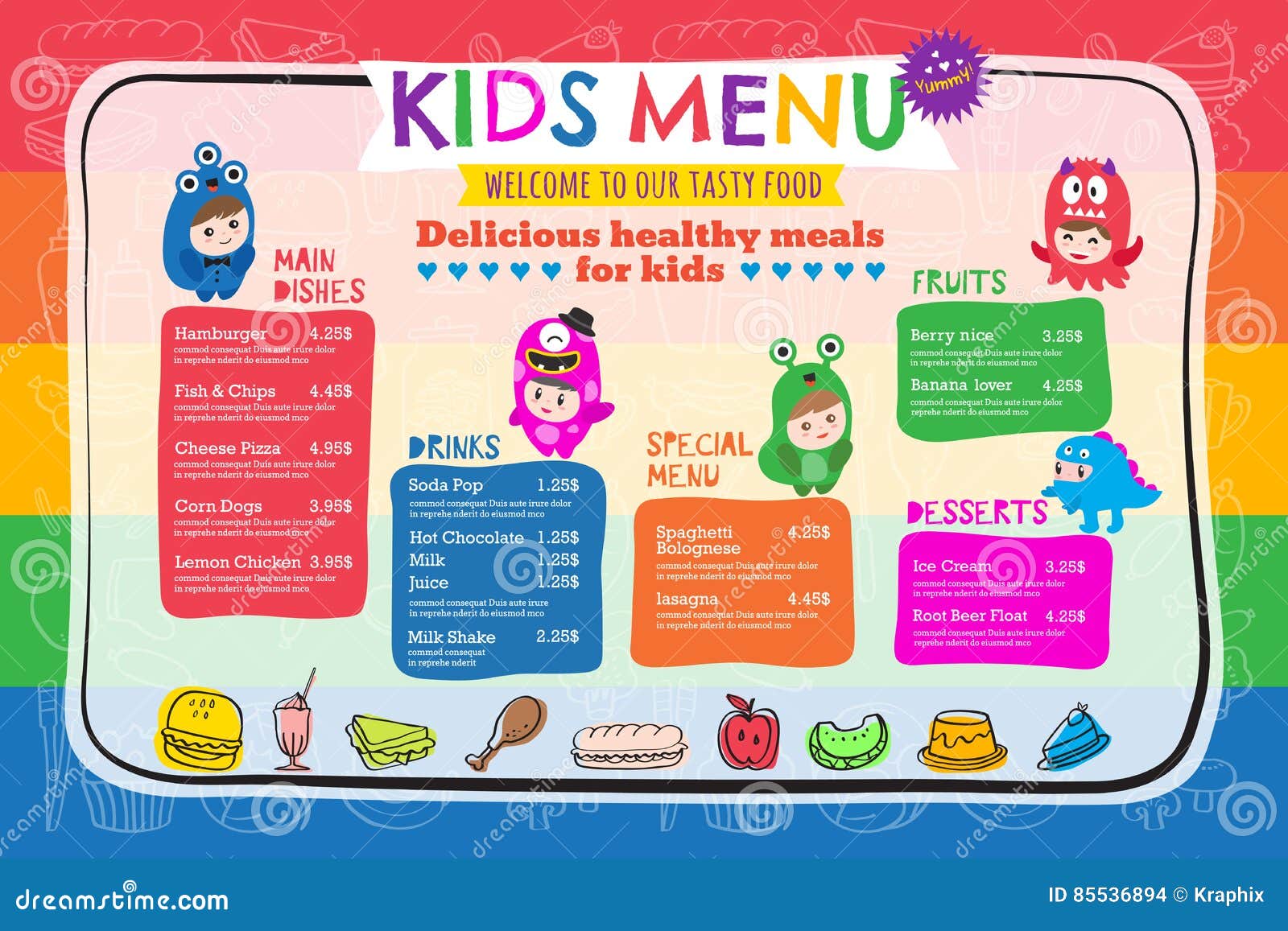 Cute Colorful Kids Meal Menu Template Stock Vector - Illustration of ...