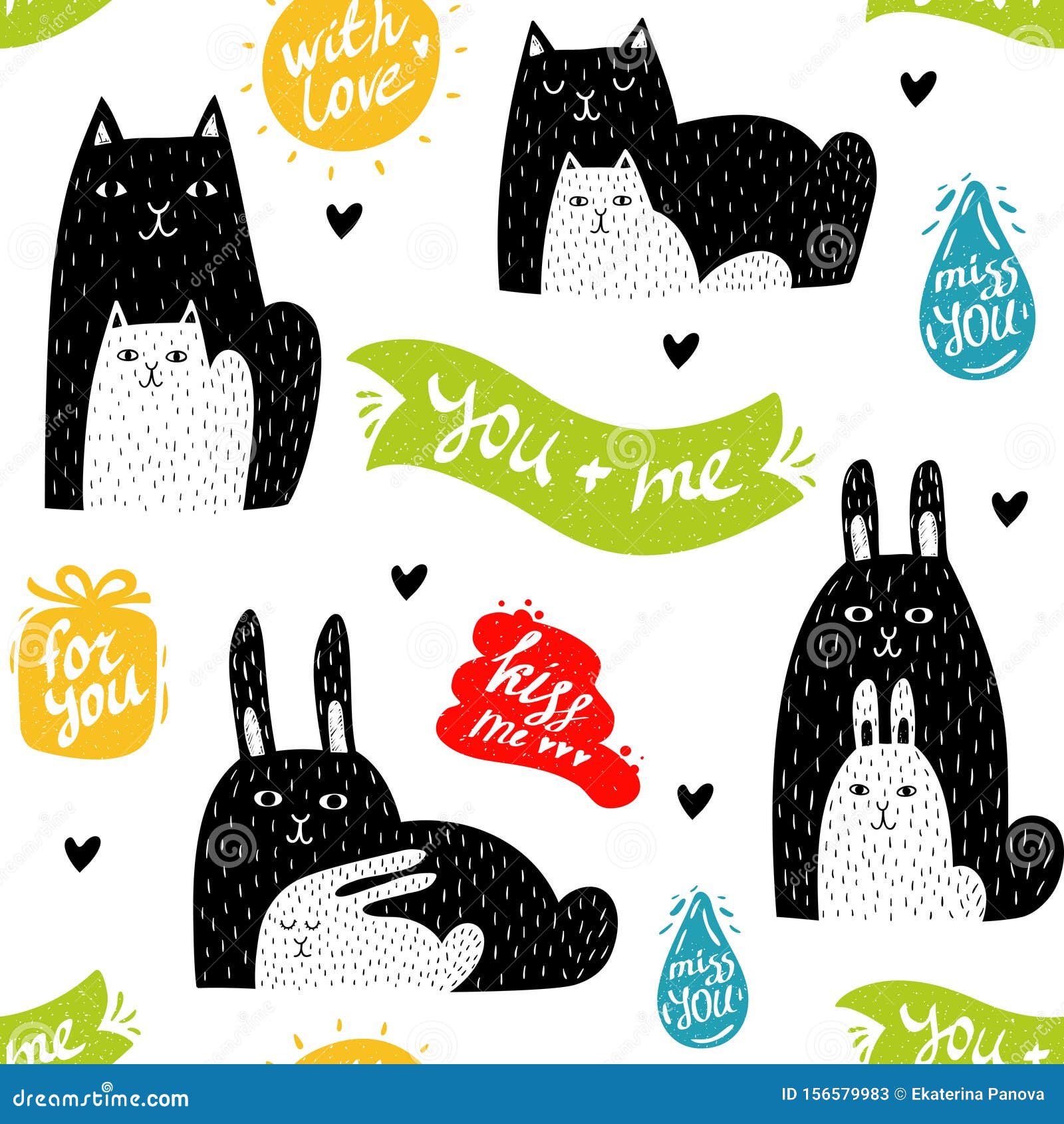 Cute Colorful Seamless Pattern with Doodle Animals and Positive ...