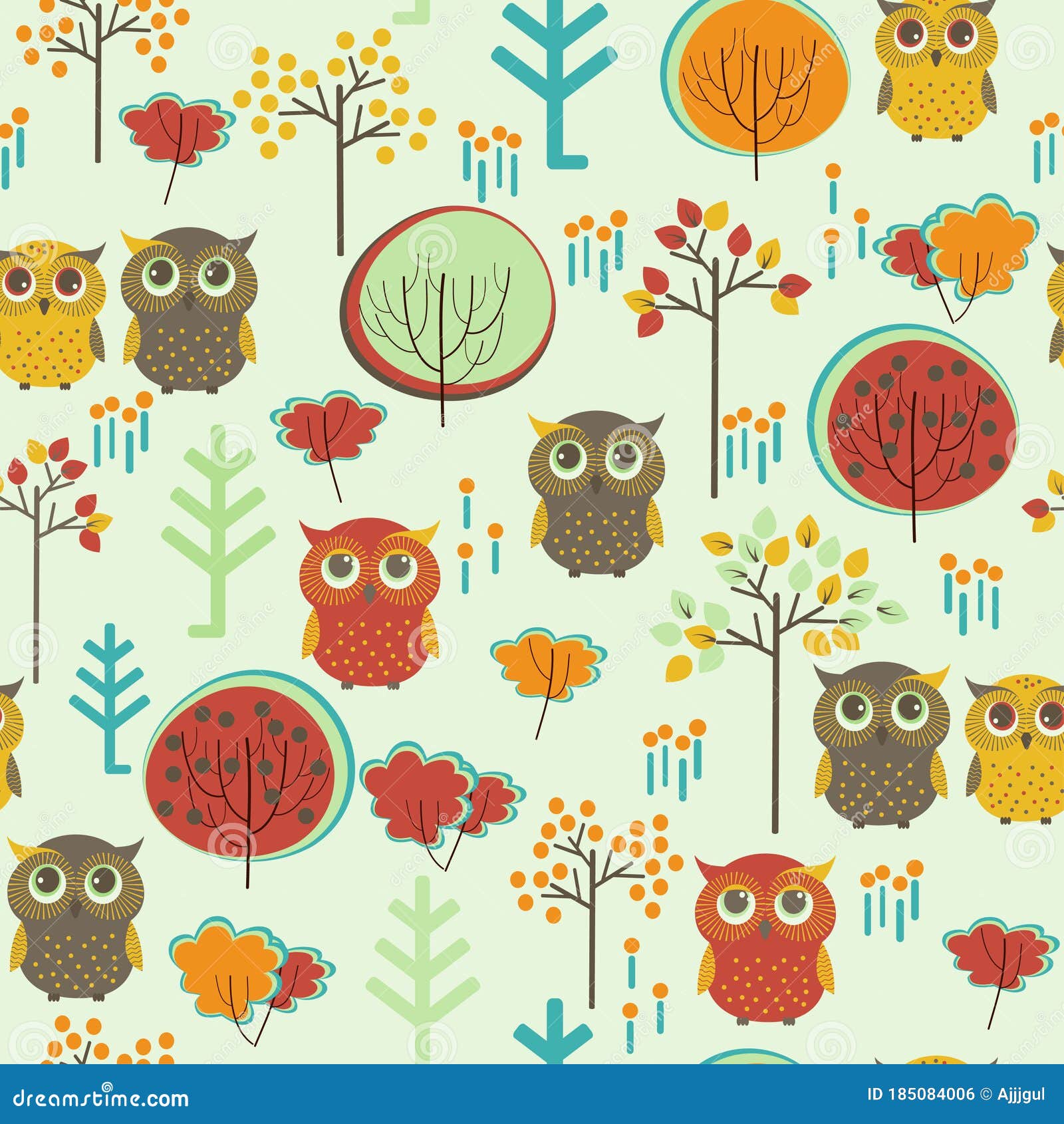 Cute Colorful Seamless Pattern with Owsl and Trees Stock Vector ...