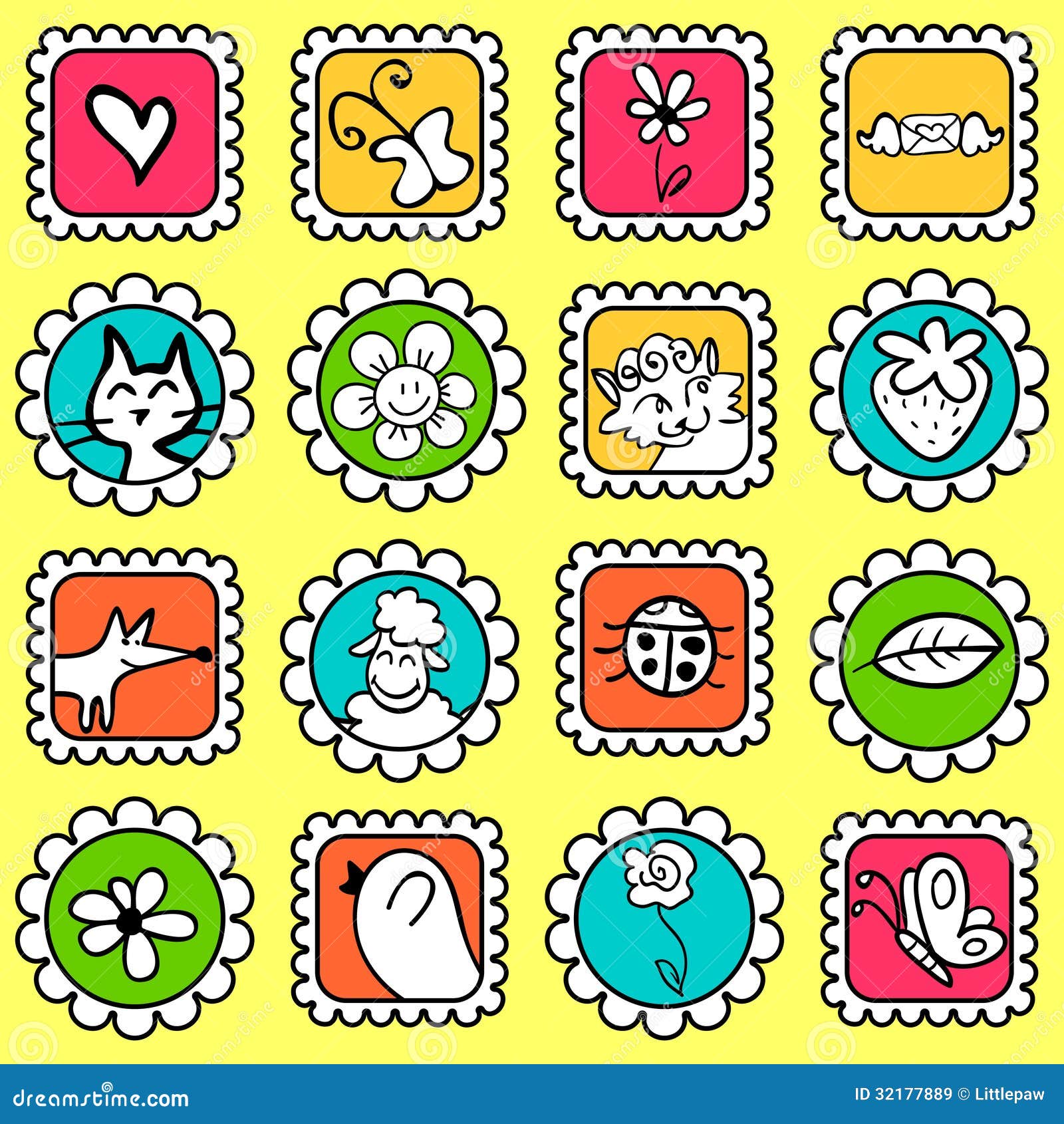 Cute colorful stamps stock vector. Illustration of butterfly - 32177889