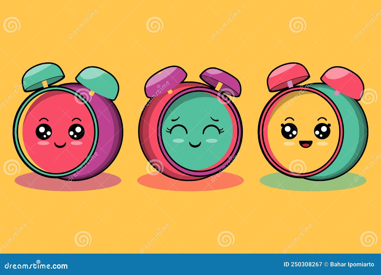 Cute Colorfull Kawaii Clock Cartoon Characters Vector Set Stock Vector ...