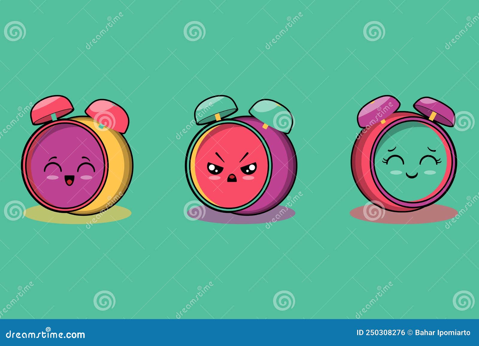 Cute Colorfull Kawaii Clock Cartoon Characters Vector Set Stock Vector ...