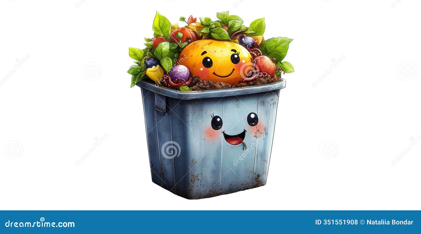 Cute Compost Bin with Smiling Vegetables and Fruits Isolated on ...