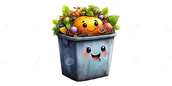Cute Compost Bin with Smiling Vegetables and Fruits Isolated on ...