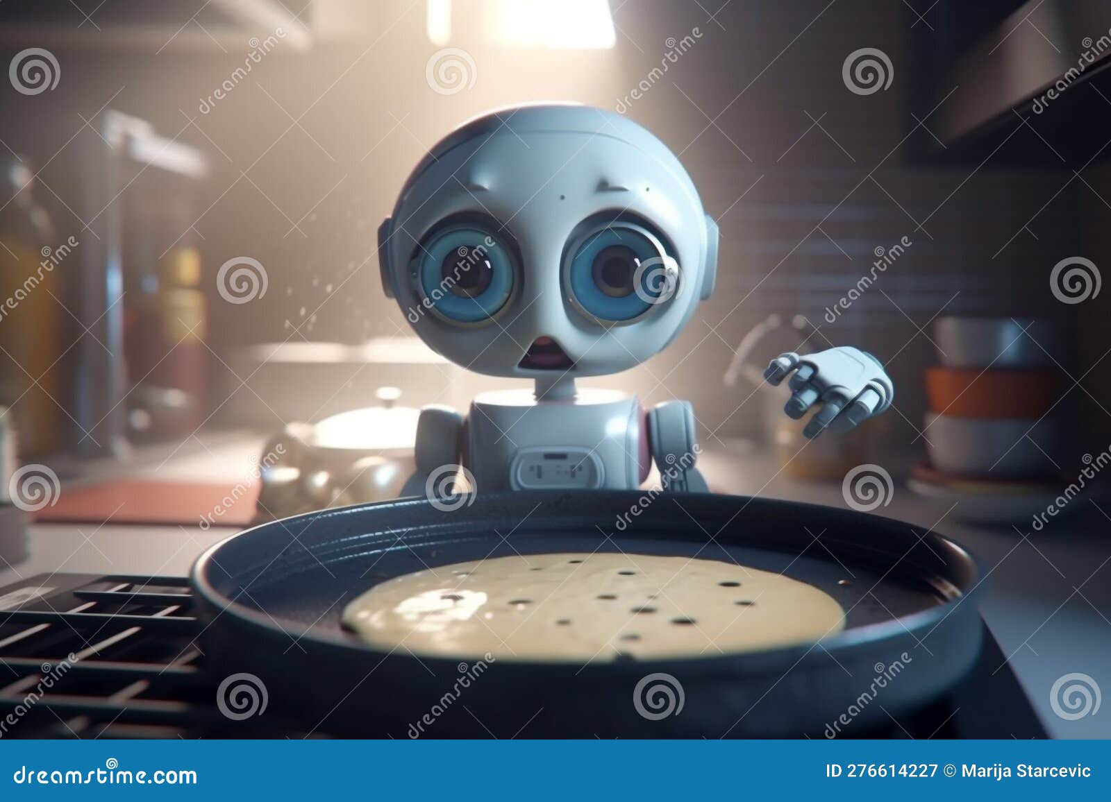 Cute Confused Robot Trying To Make Breakfast, Pancakes. Artificial ...