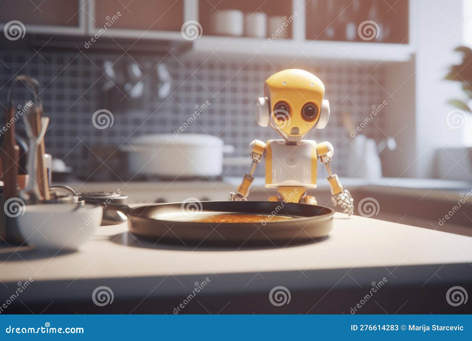 Cute Confused Robot Trying To Make Breakfast, Pancakes. Artificial ...