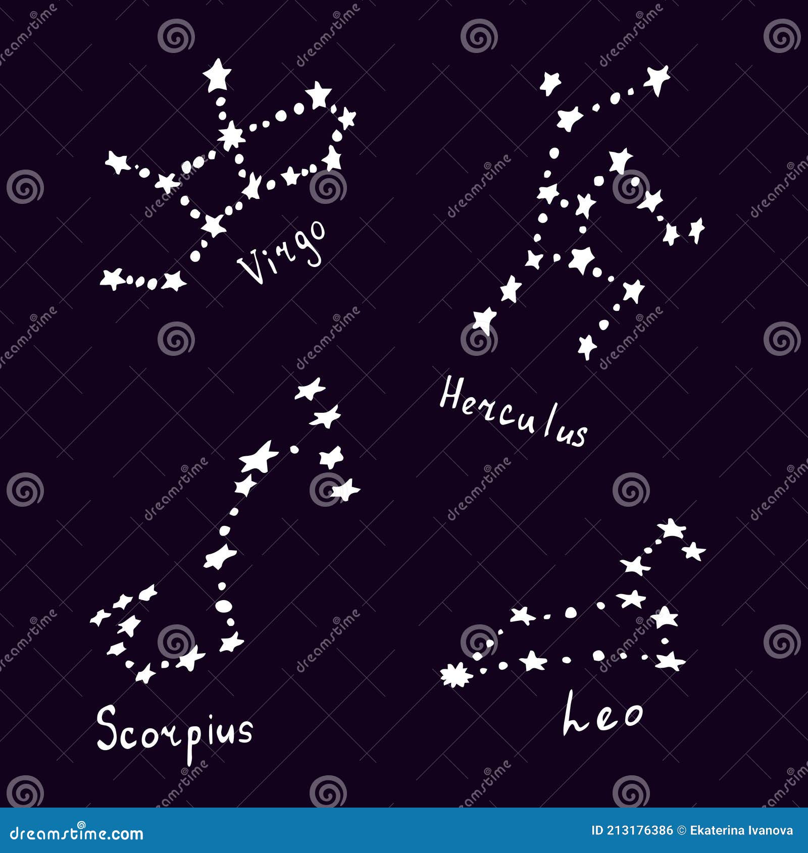 Cute Constellations and Stars in Doodle Style. Vector Black and White ...