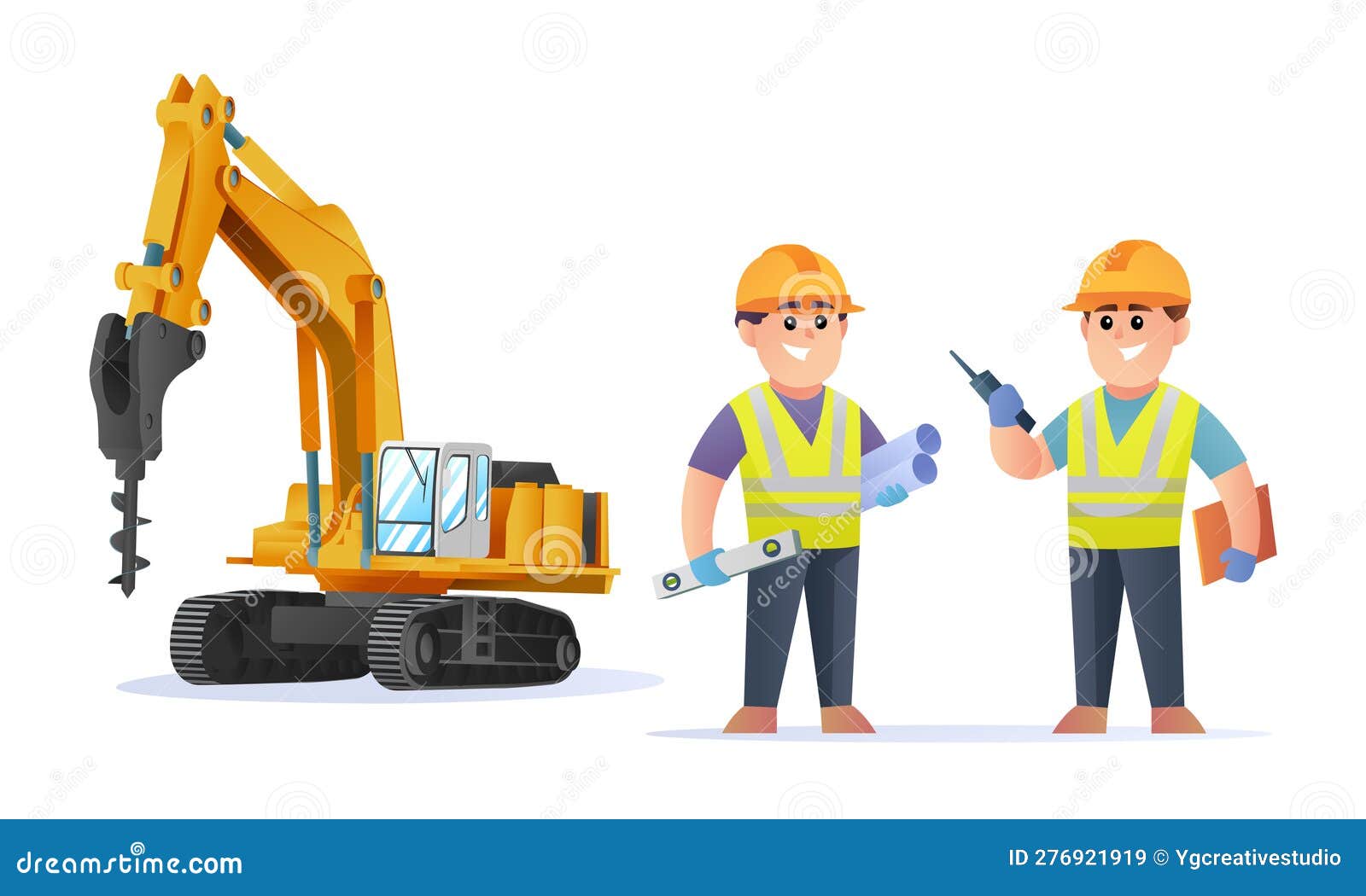 Cute Construction Engineer Characters with Drill Excavator Stock Vector ...