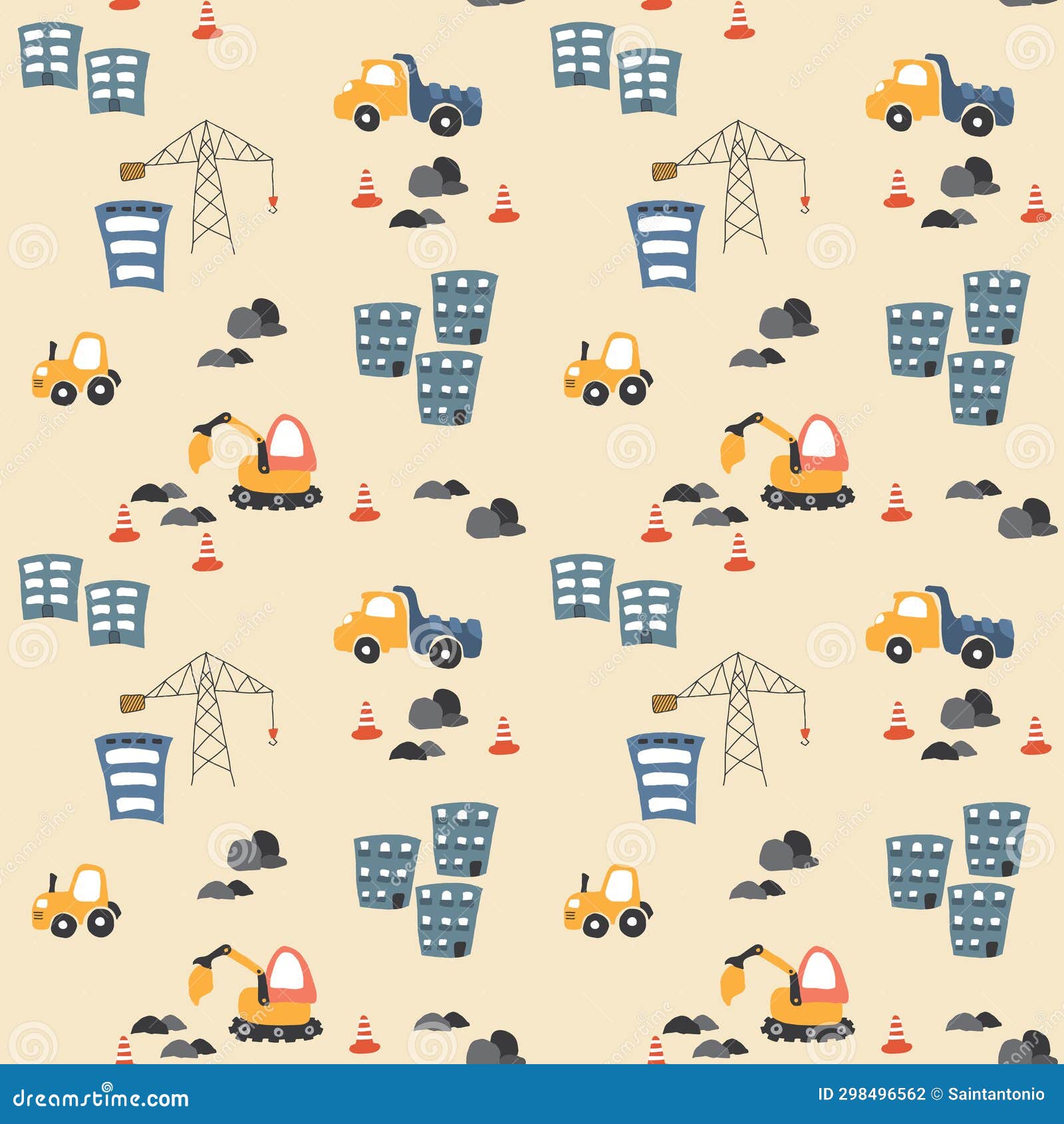 Cute Construction Site Seamless Pattern, Cartoon Building Area ...