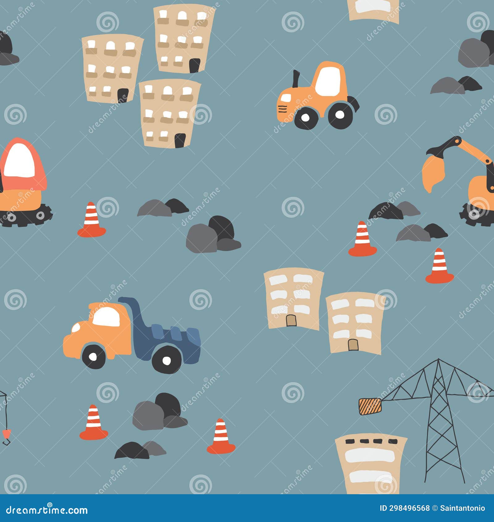 Cute Construction Site Seamless Pattern, Cartoon Building Area ...