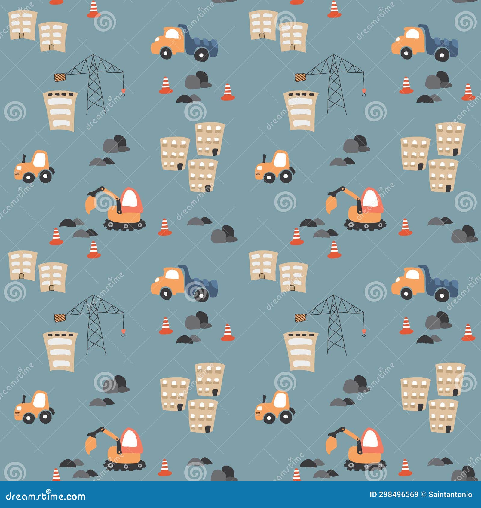 Cute Construction Site Seamless Pattern, Cartoon Building Area ...