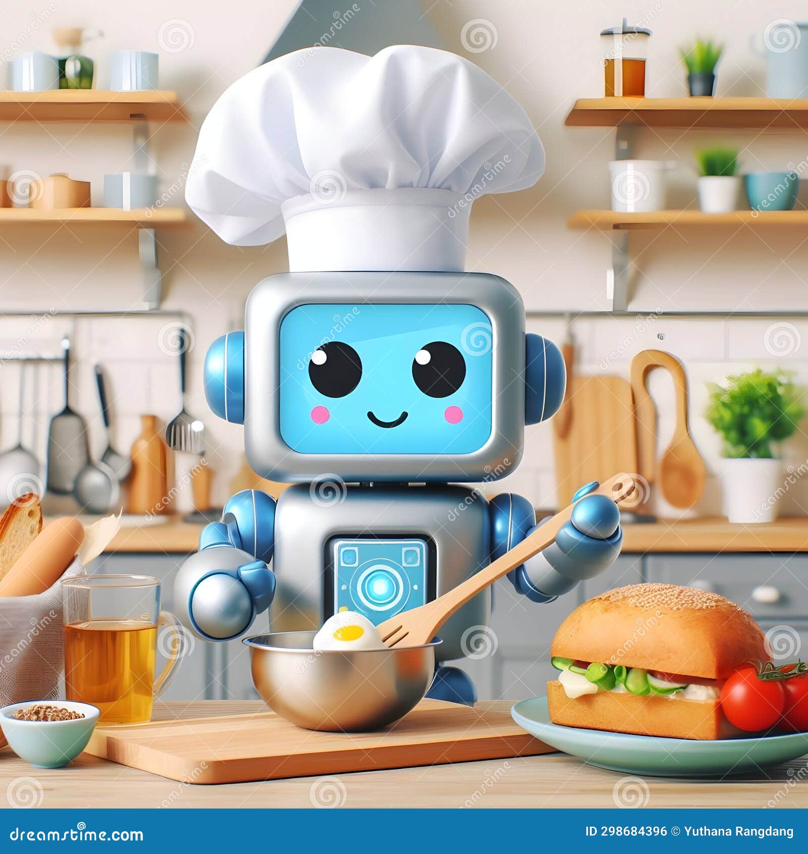 Cute Cook Robot Cooking in the Kitchen. Stock Illustration ...