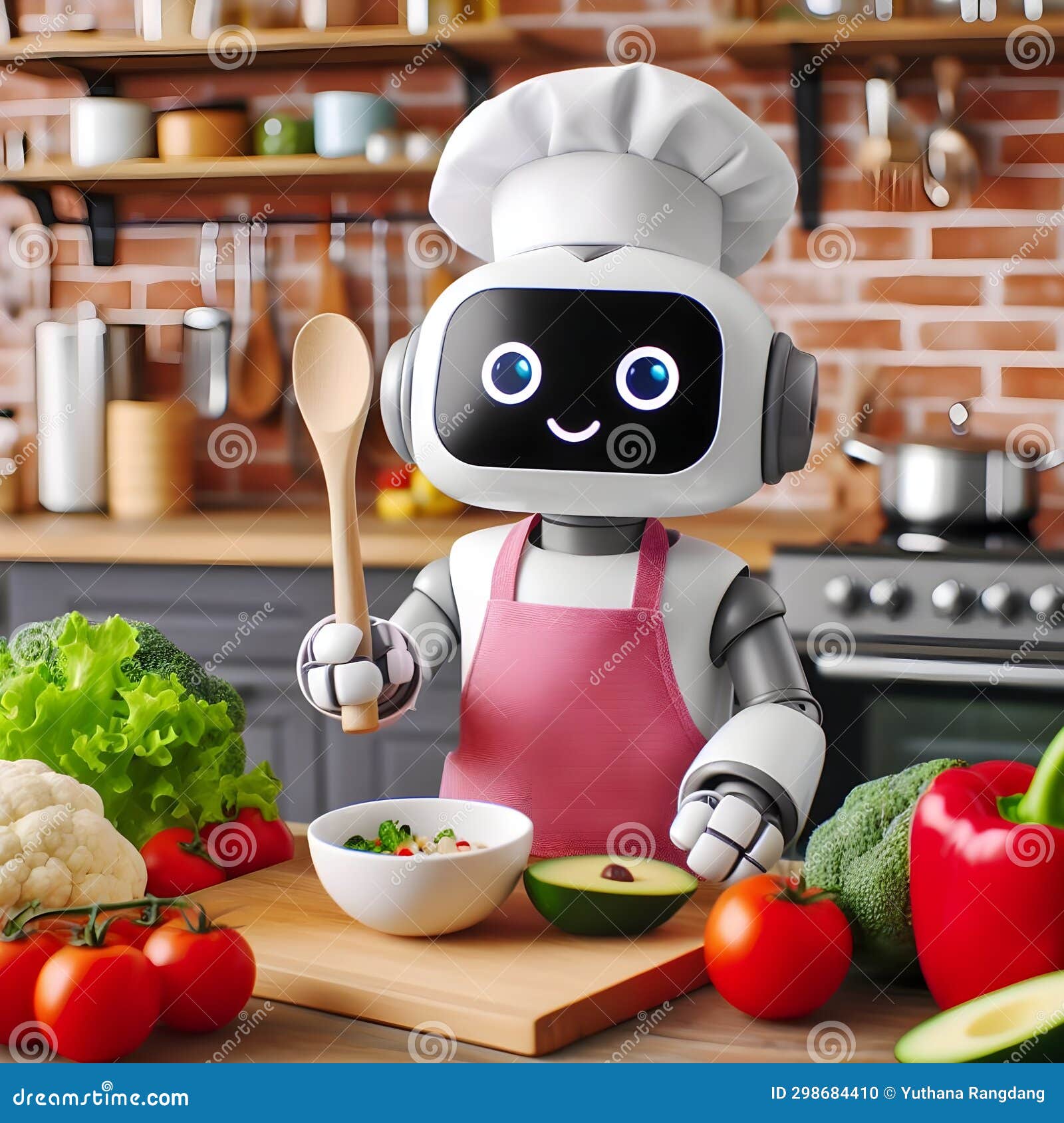 Cute Cook Robot Cooking in the Kitchen. Stock Illustration ...