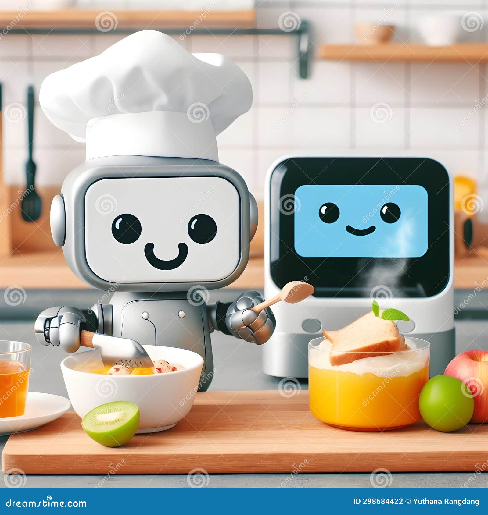 Cute Cook Robot Cooking in the Kitchen. Stock Illustration ...