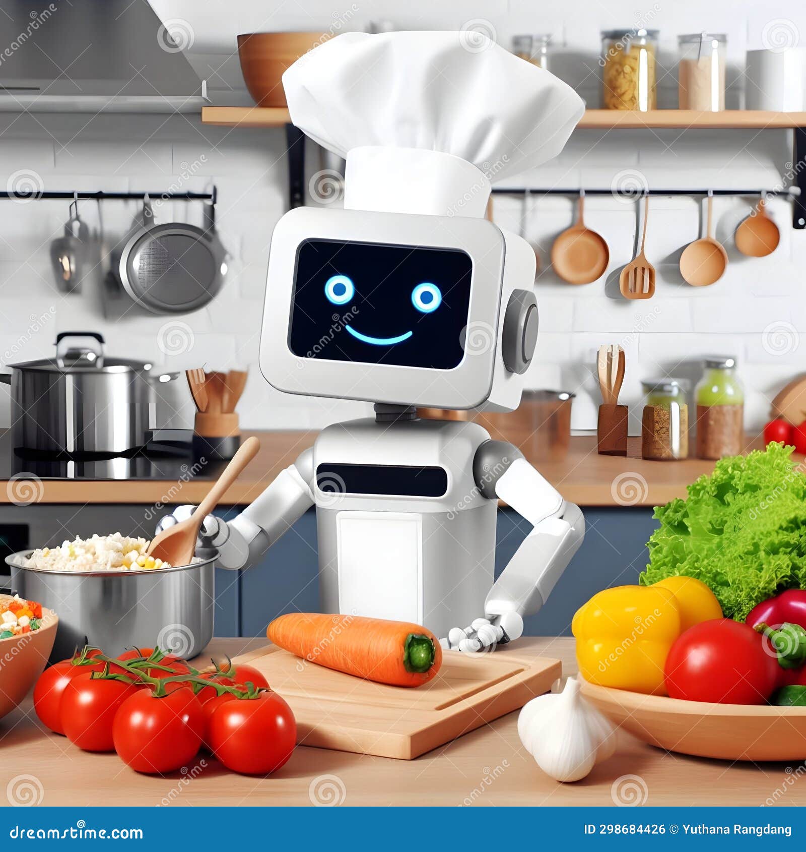 Cute Cook Robot Cooking in the Kitchen. Stock Illustration ...