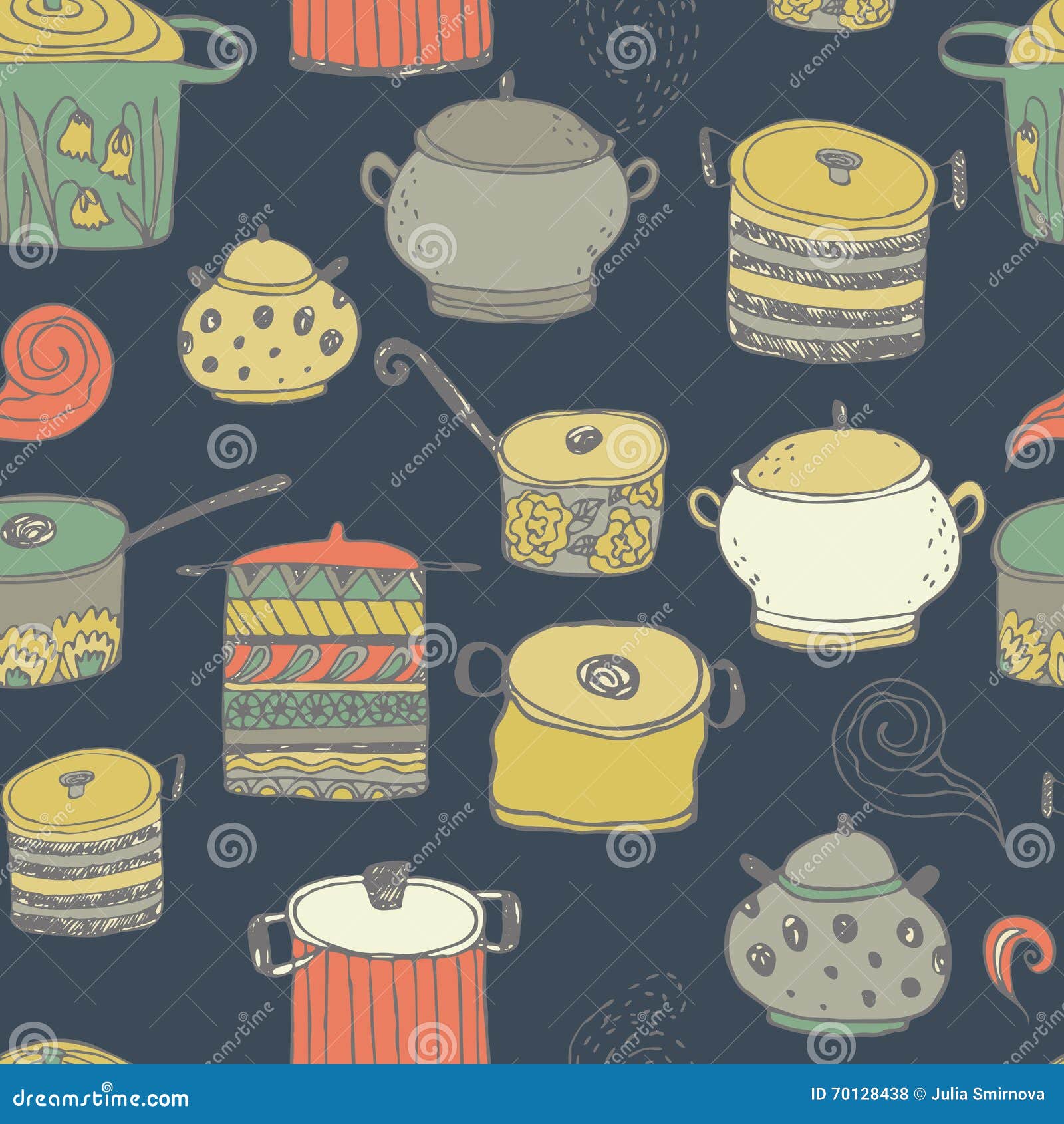 Cute Cooking Pots and Lettering. Seamless Pattern Stock Illustration ...