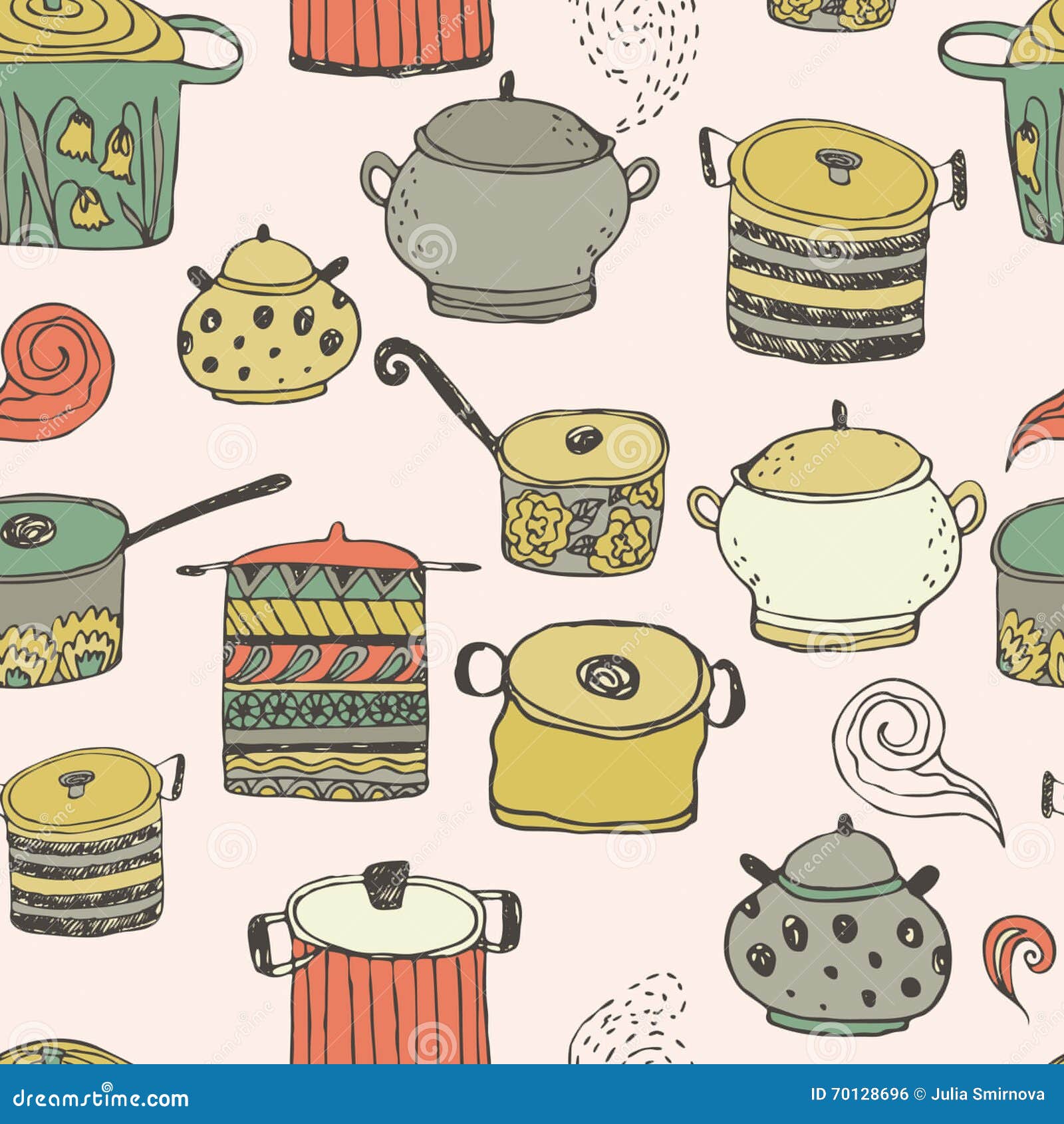 Cute Cooking Pots and Lettering. Seamless Pattern Stock Illustration ...