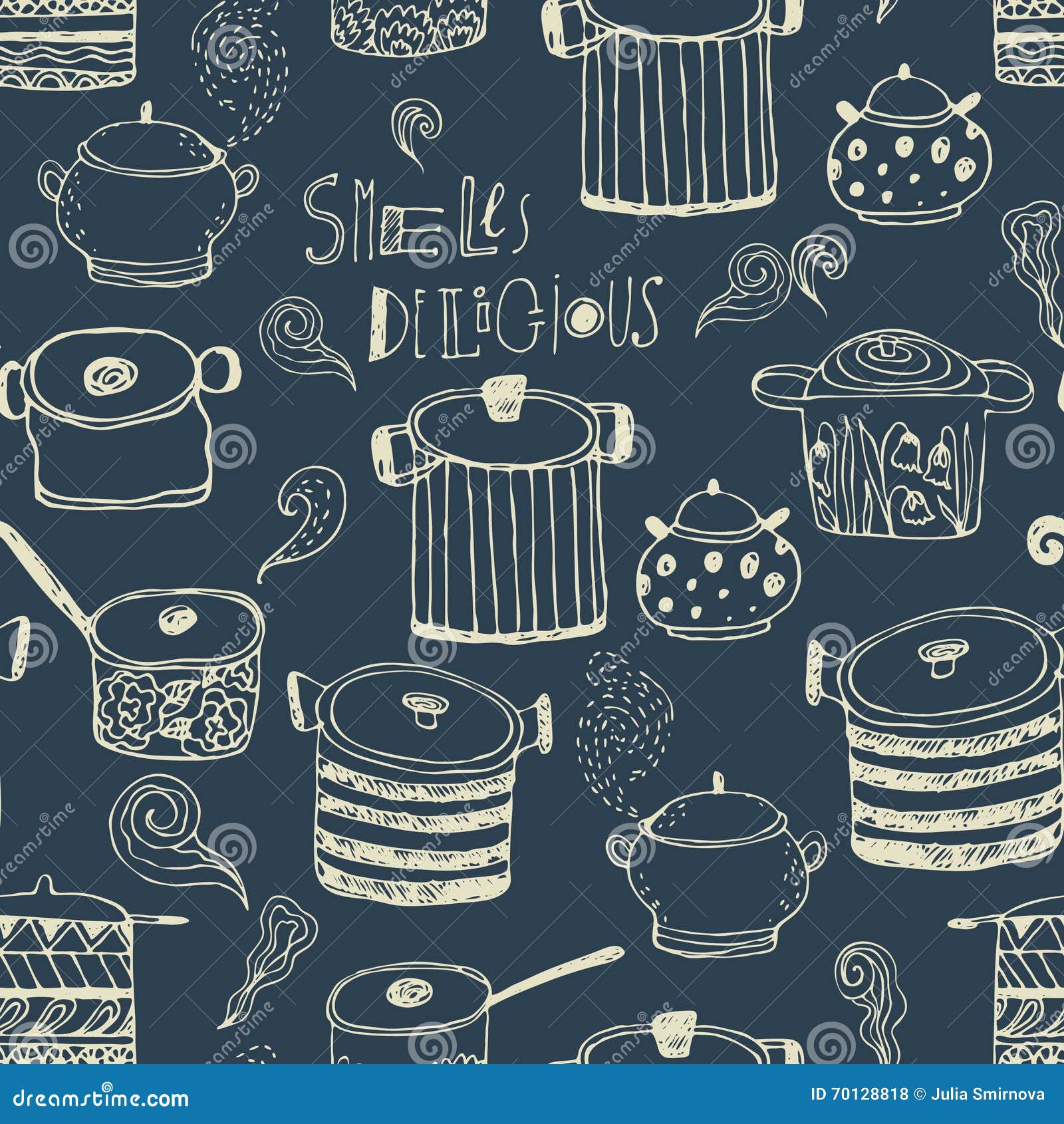 Cute Cooking Pots and Lettering. Seamless Pattern Stock Illustration ...