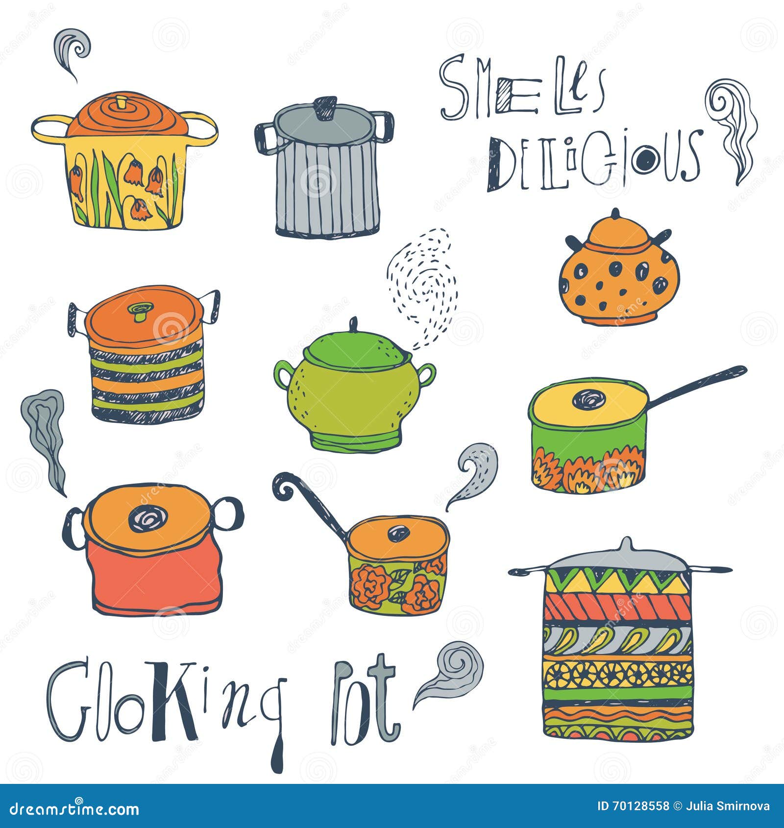 Cute Cooking Pots and Lettering. Vector Set Stock Illustration ...