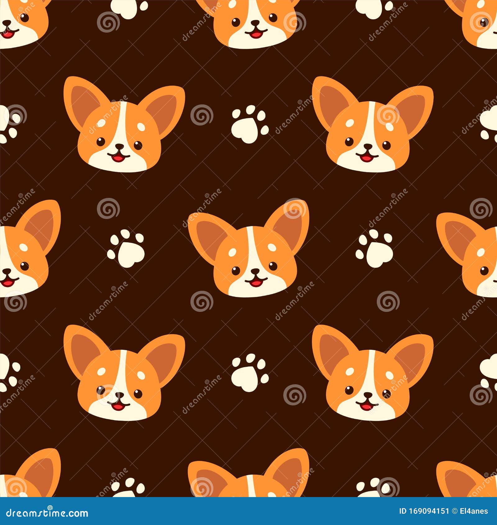 Cute Corgi Face and Paw Pattern Stock Vector - Illustration of white ...