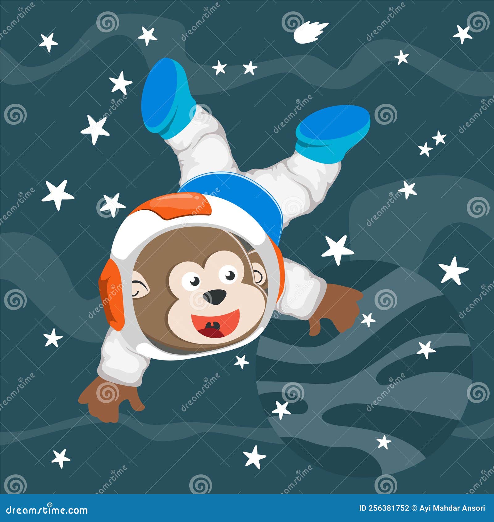Cute Cosmonaut Monkey in a Spacesuit Flies in Outer Space. Stock Vector ...