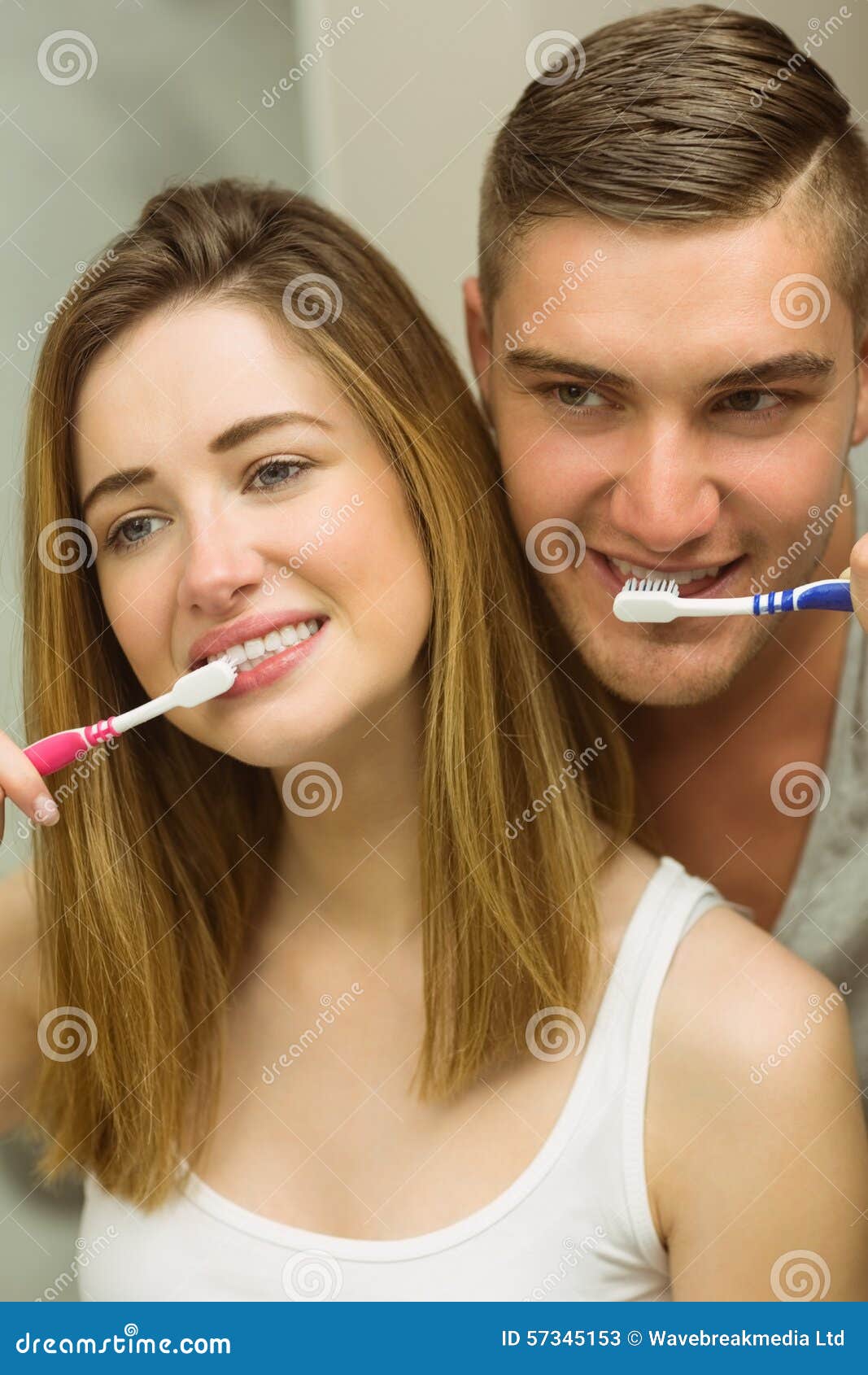 Cute Couple Brushing Their Teeth Stock Image - Image of home, hygiene ...