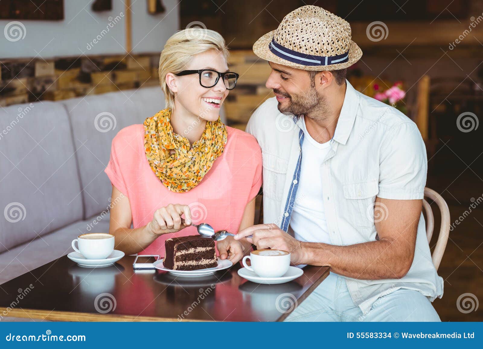 Cute Couple on a Date Eating a Piece of Chocolate Cake Stock Photo ...