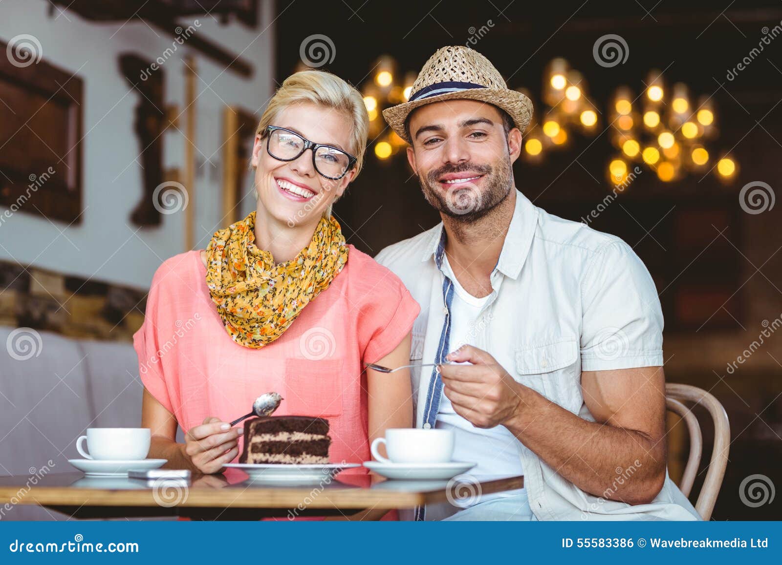 Cute Couple on a Date Eating a Piece of Chocolate Cake Stock Photo ...