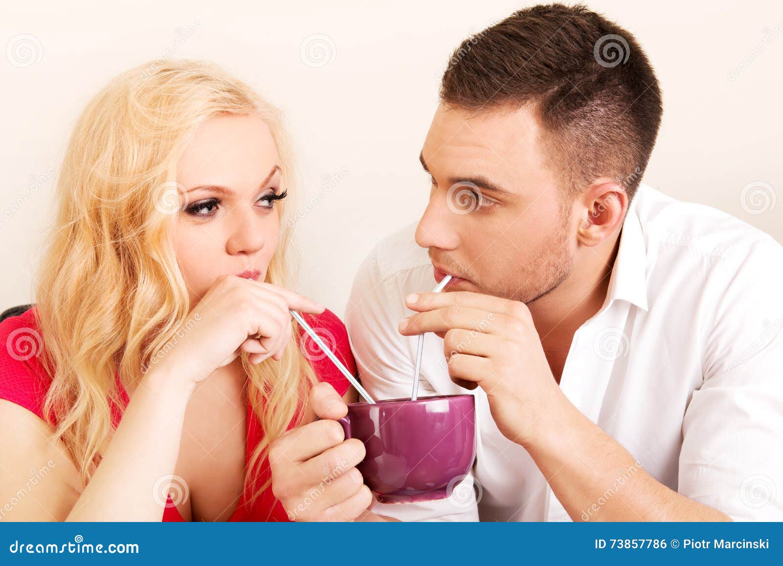 Cute Couple Drinking from One Cup Stock Photo - Image of chocolate ...