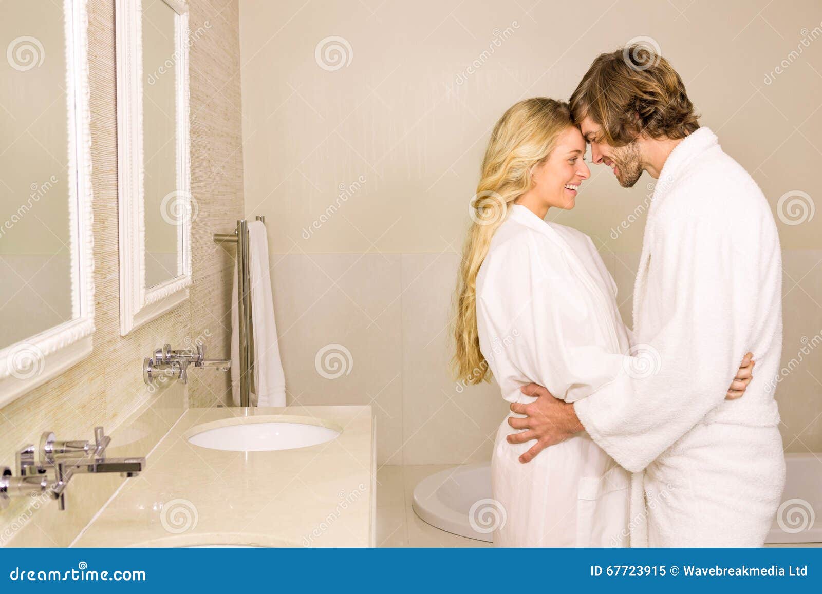 Cute Couple Embracing in Bath Robe Stock Image - Image of hugging, home ...