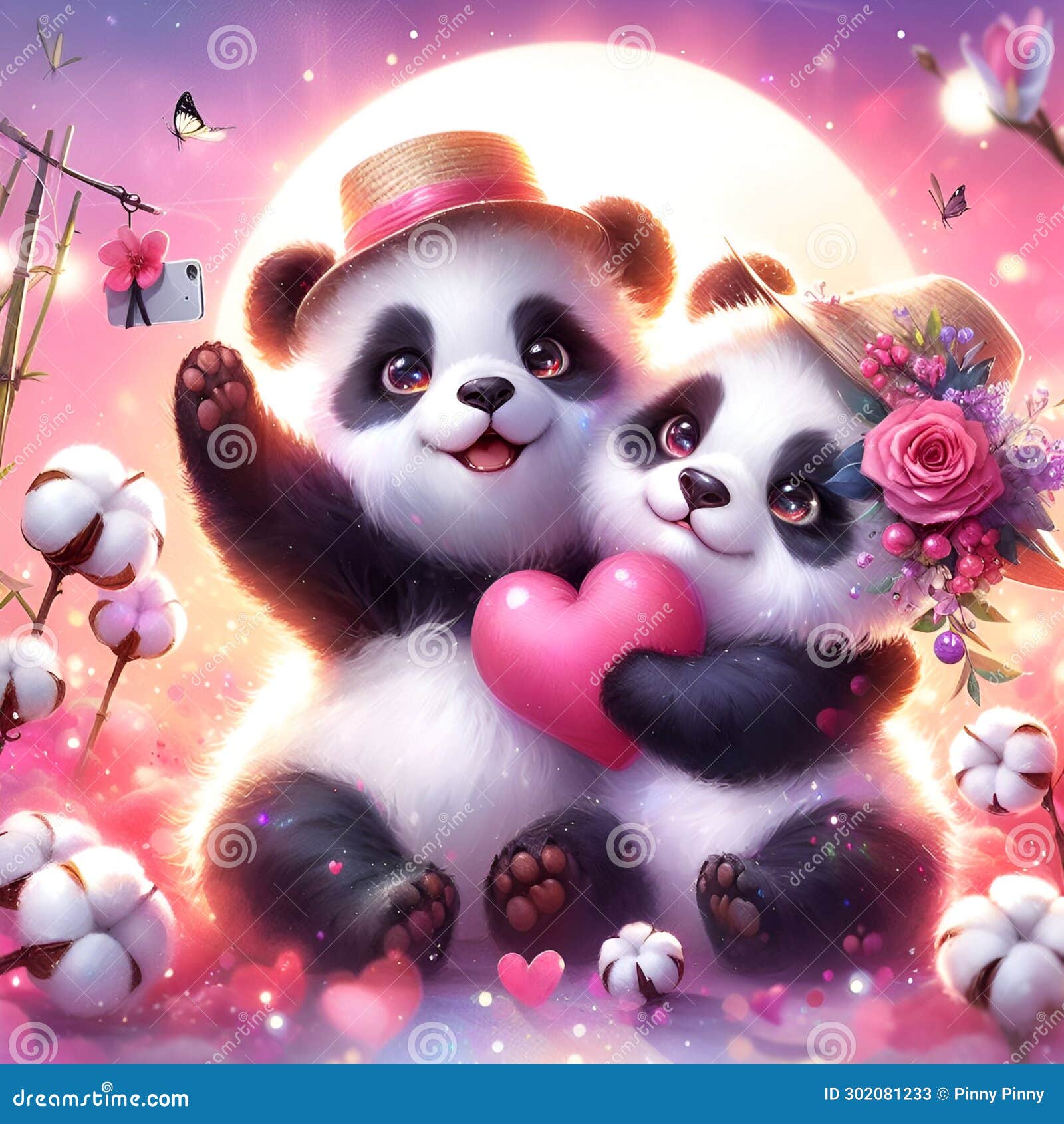 A Cute Couple Fluffy Panda Hugging A Heart In Love With Cotton Flower